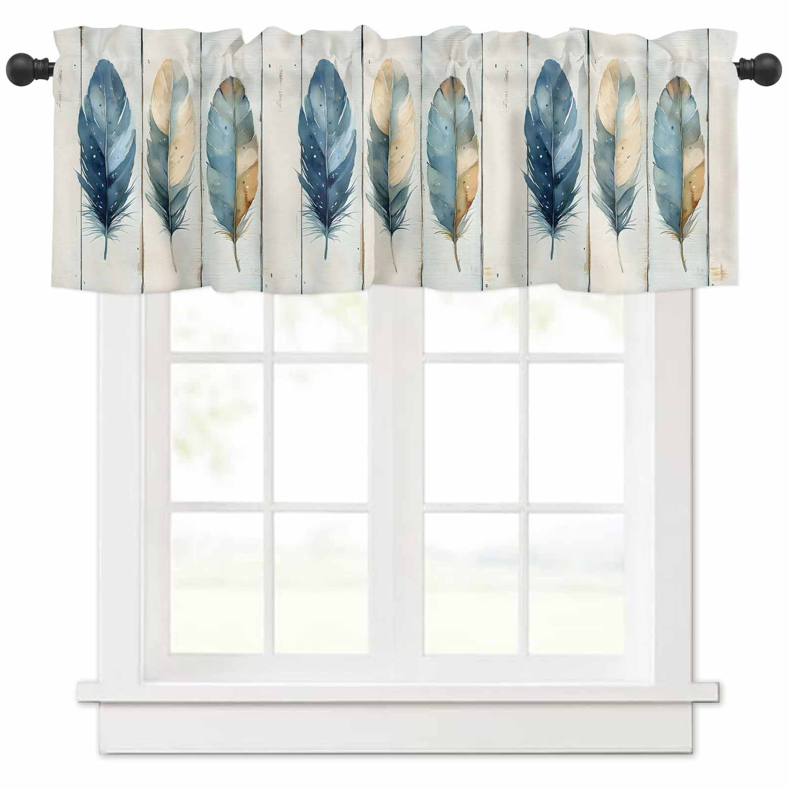 Ombre Blue Brown Feathers Valances for Windows Farmhouse Kitchen ...