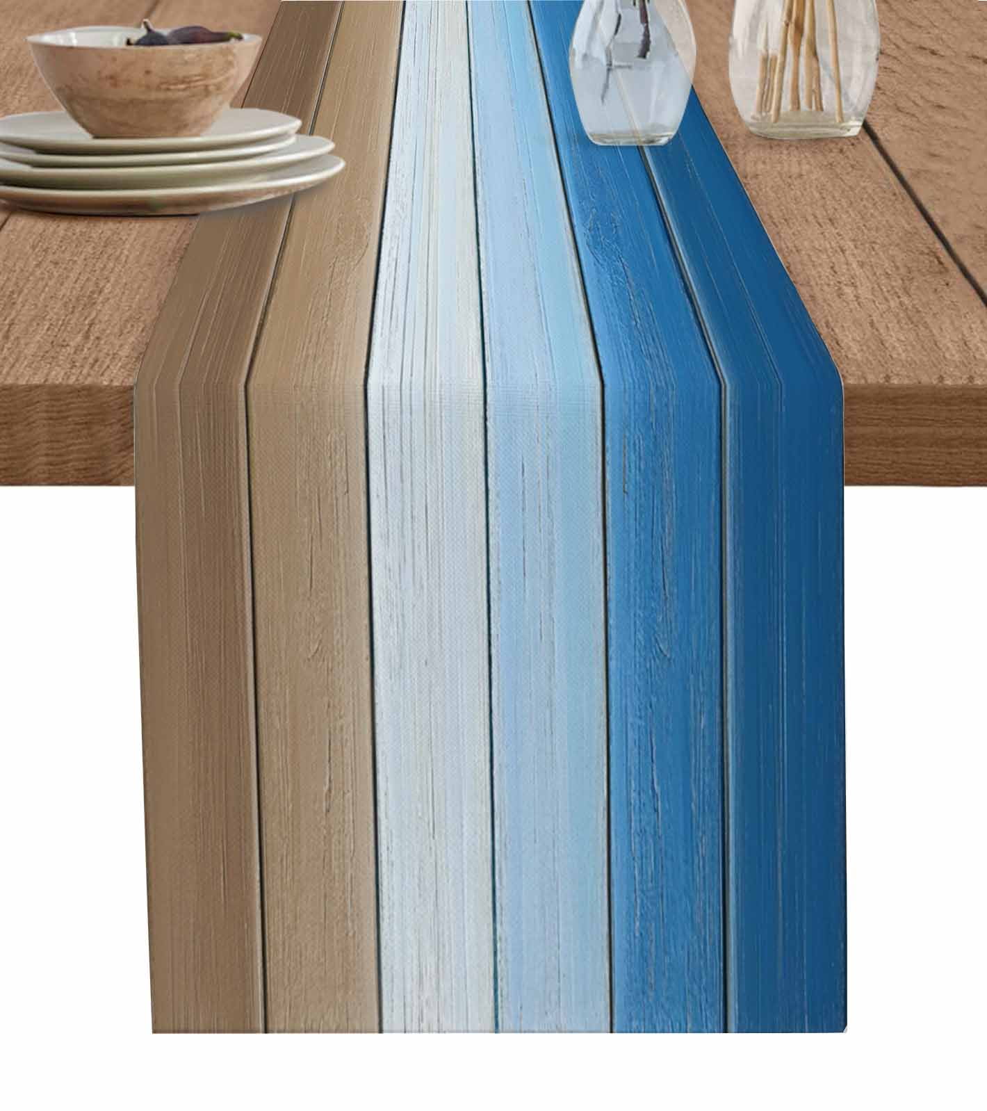 Ombre Blue Brown Wood Short Table Runners 36 Inches, Cotton Linen ...