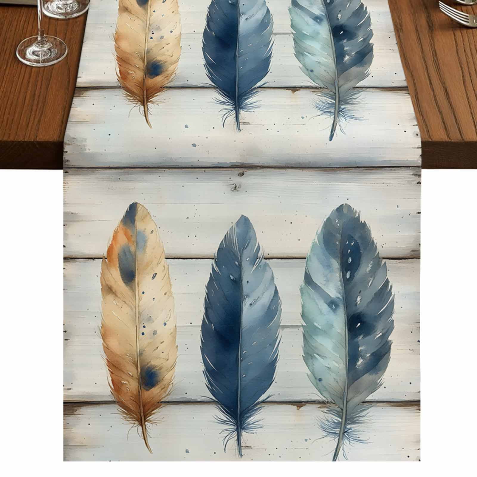 Ombre Blue Feathers 120 Inch Table Runner, Boho Vintage Wooden Grain ...