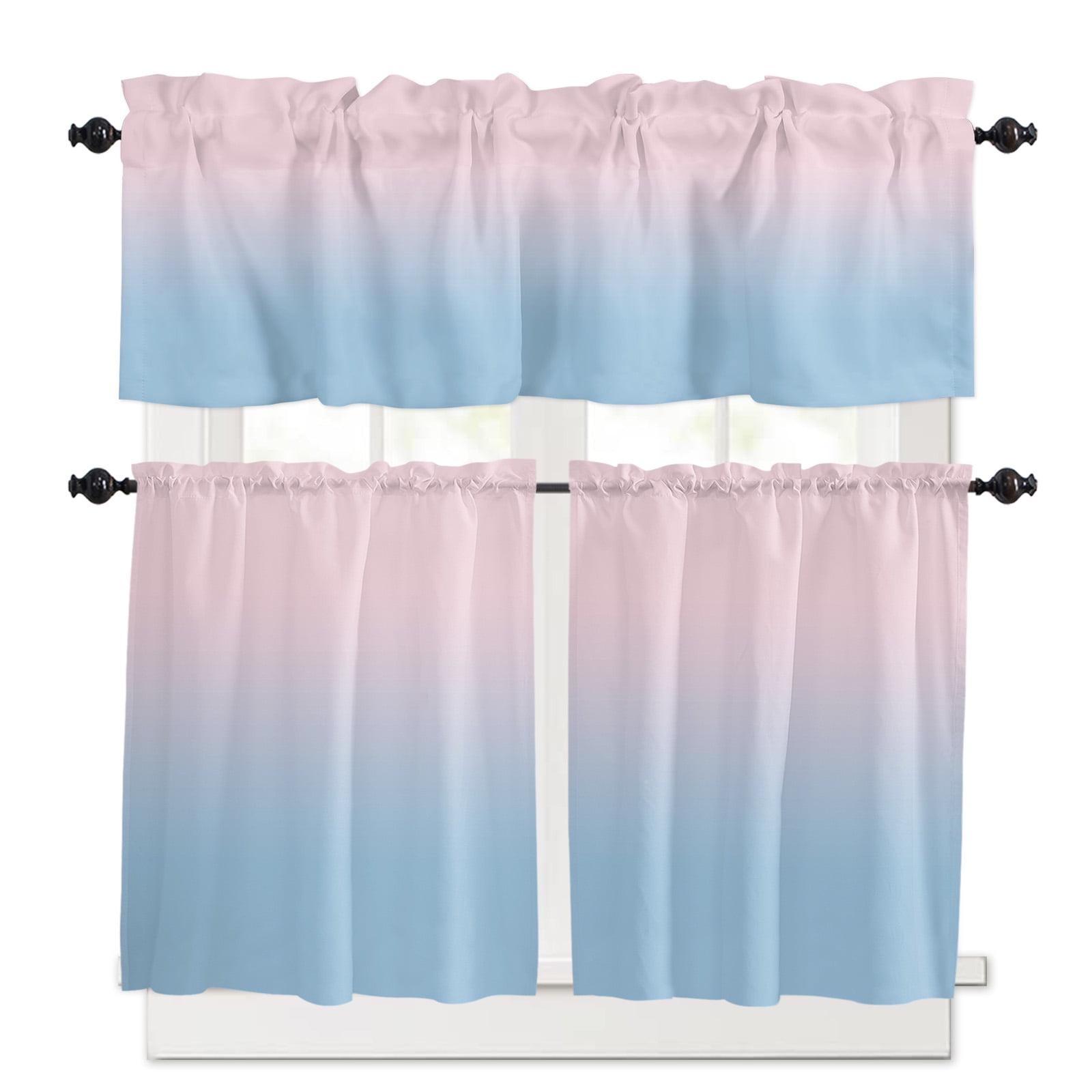 Ombre Blue Pink Kitchen Curtains and Valances Set, 3 Piece Kitchen ...