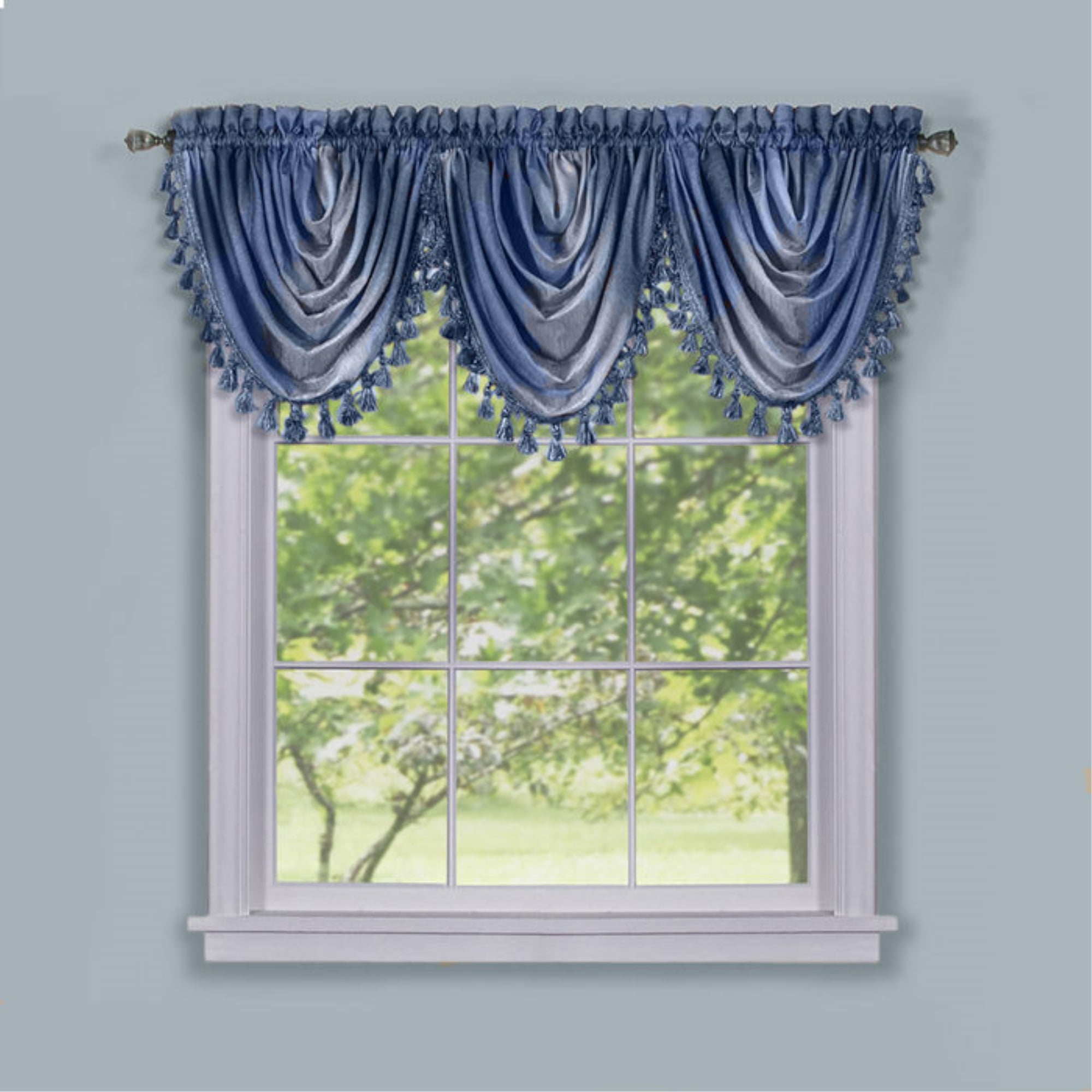 Ombre Blue Striped Modern Window Curtain Panel: Tasseled Waterfall ...