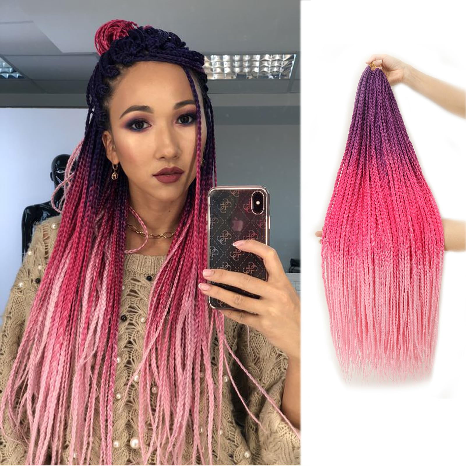 Ombre Box Braid Crochet Hair 24 Inch 6 Packs Medium Size Synthetic Pre ...