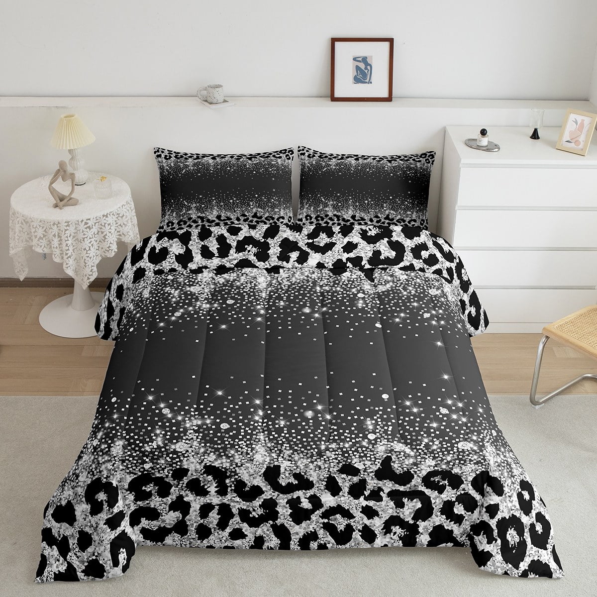 Ombre Cheetah Printed Twin Bedding Sets ,Gradient Silvery Grey Black ...