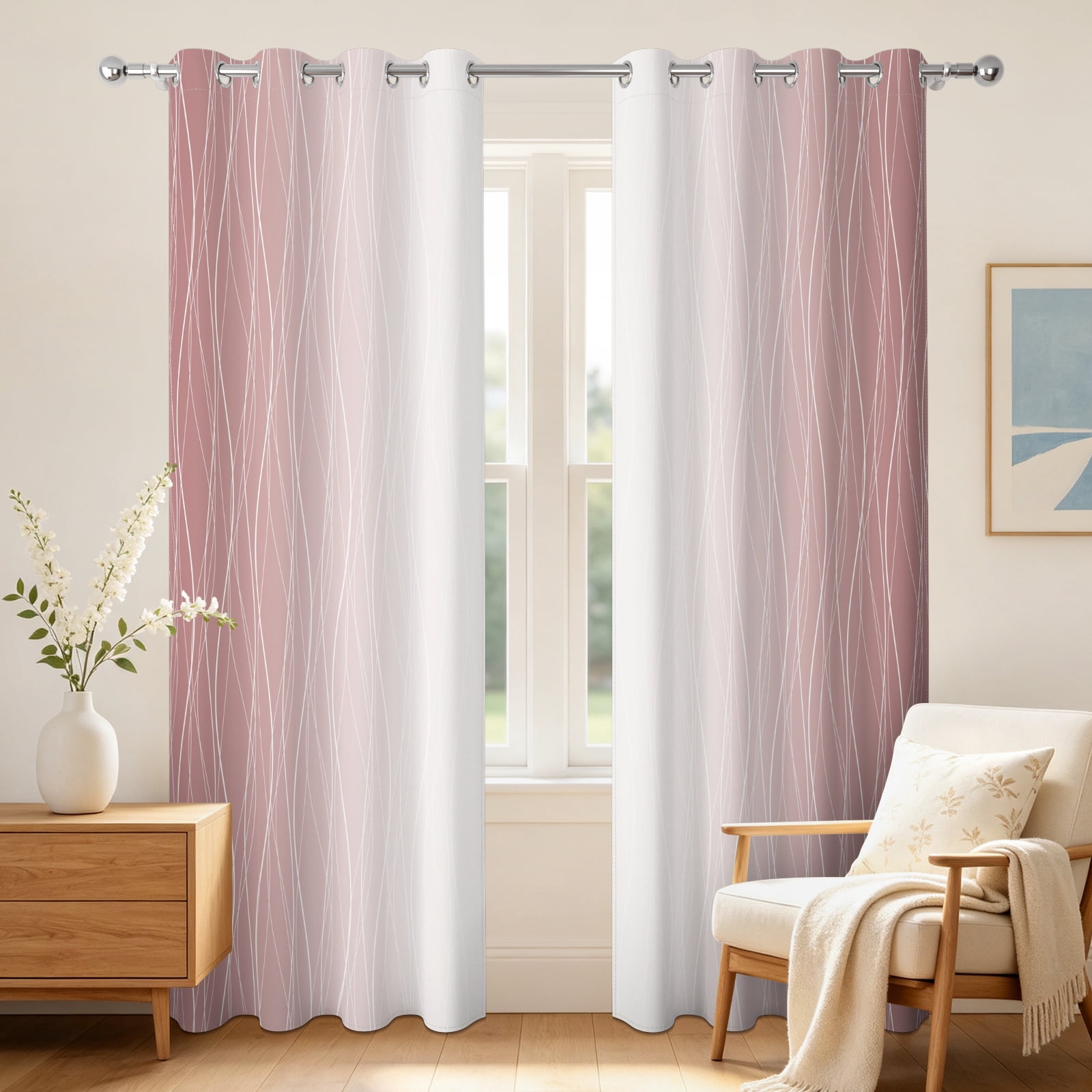 Ombre Dusty Pink Line Blackout Curtains,2 Panels,Grommet Top,52x84 Inch ...