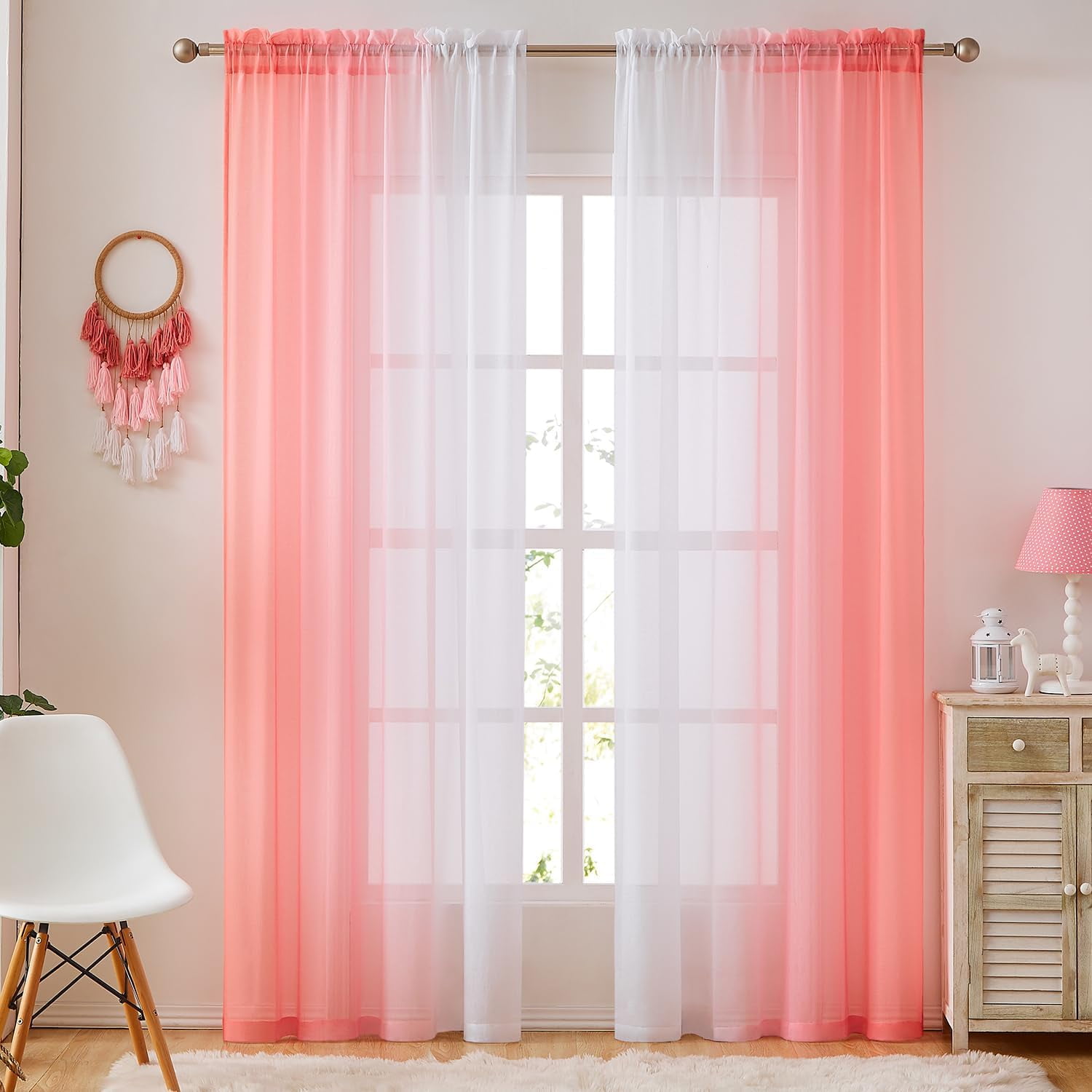 Ombre Faux Linen Sheer Curtains for Girls Bedroom Rod Pocket, 2 Tone ...