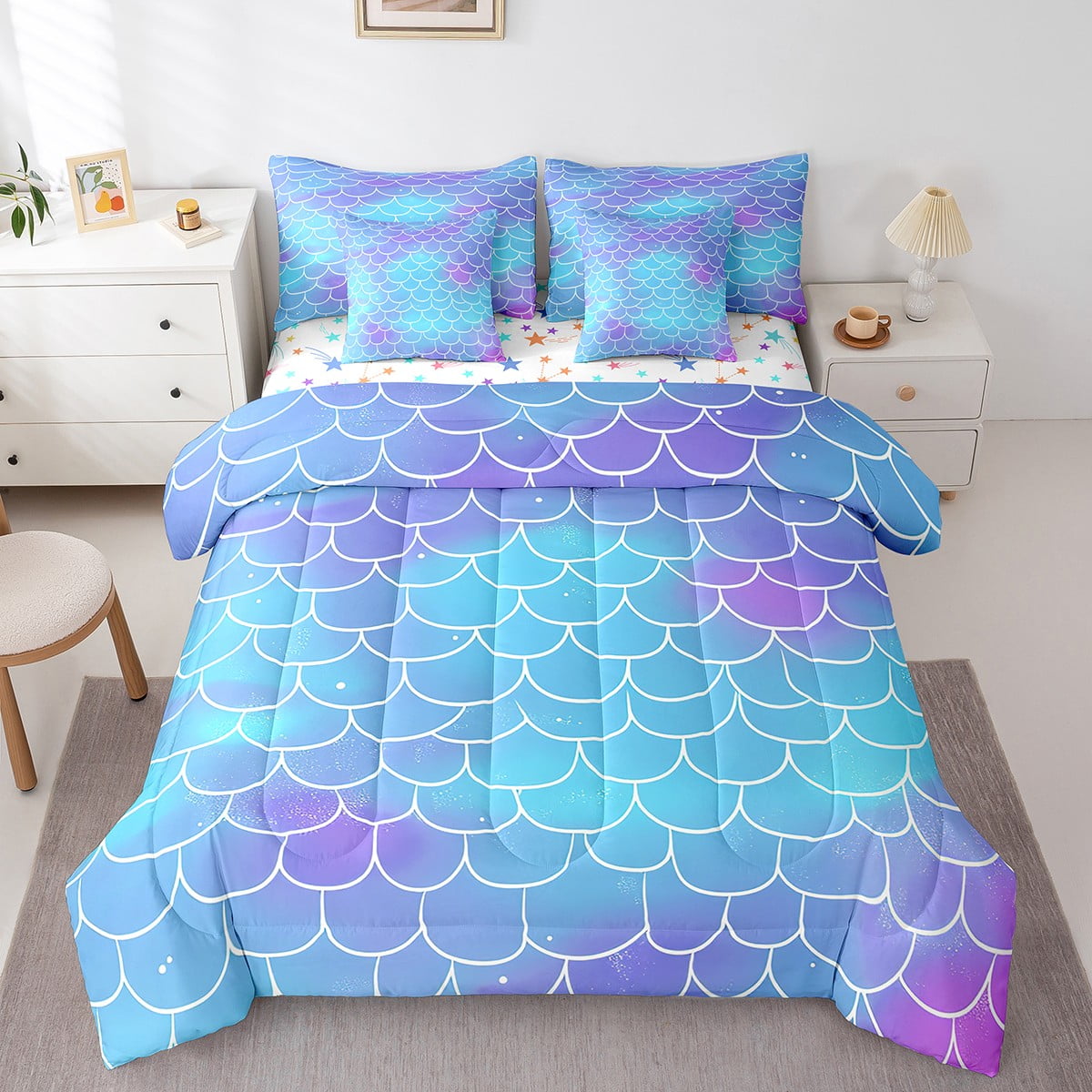 Ombre Fish Scales Queen Bedding Sets,Gradient Mermaid Comforter Set ...