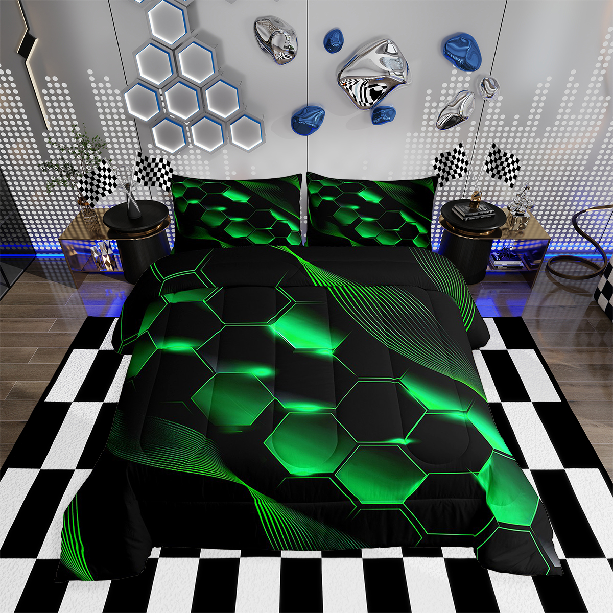 Ombre Geometric Comforter Set King,Green Black Hexagonal Striped Duvet ...