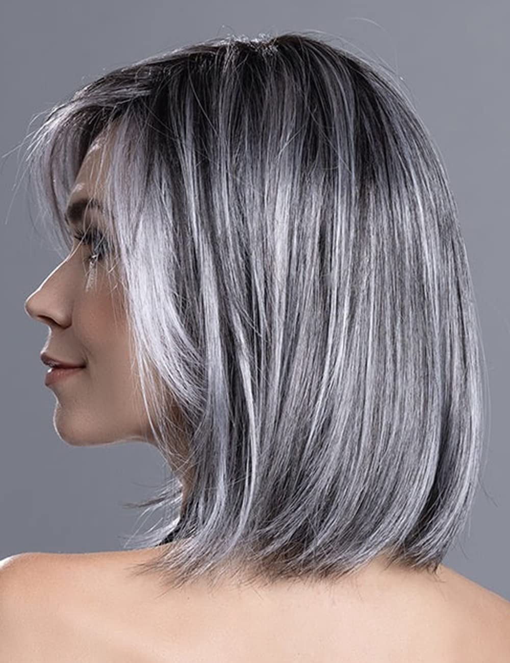 Ombre Gray Short Bob Natural Straight Hair Wig with Curtain Bangs Mix ...