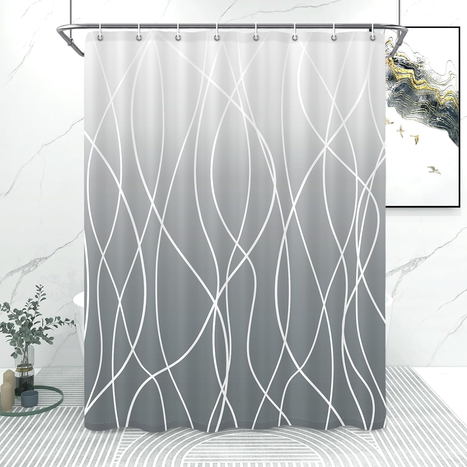 Ombre Grey Shower Curtain for Bathroom with Hooks, Shower Curtain Set ...