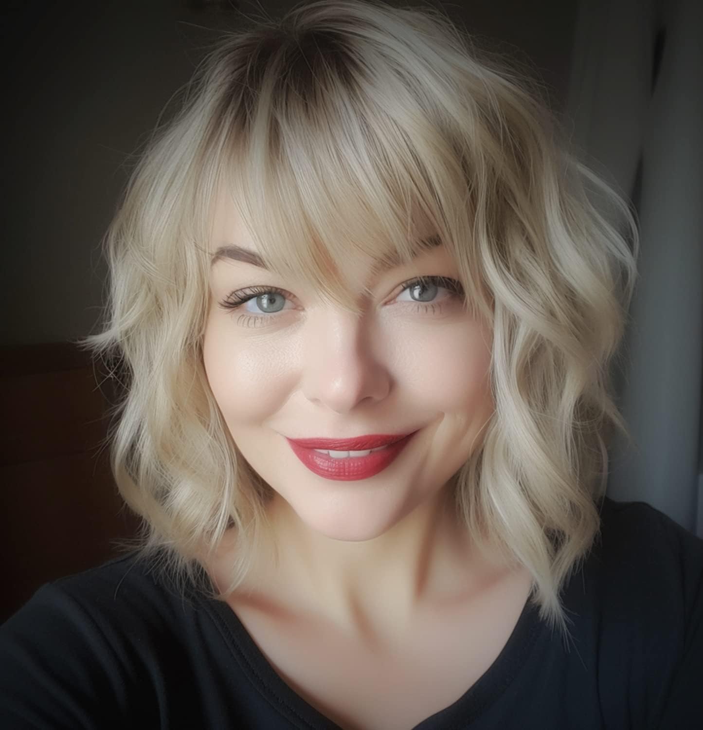 Ombre Grey Wigs for Women Short Wavy Grey Bob Wig with Bangs Dark Roots ...