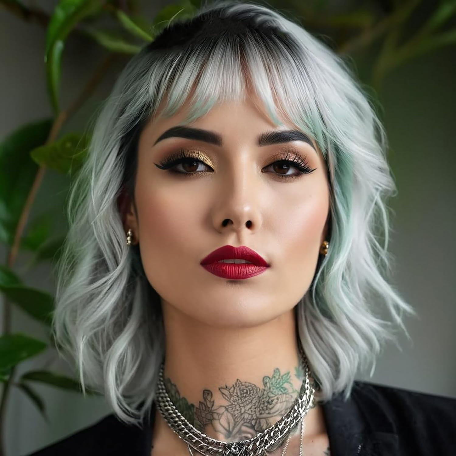 Ombre Grey Wigs for Women Short Wavy Grey Bob Wig with Bangs Dark Roots ...