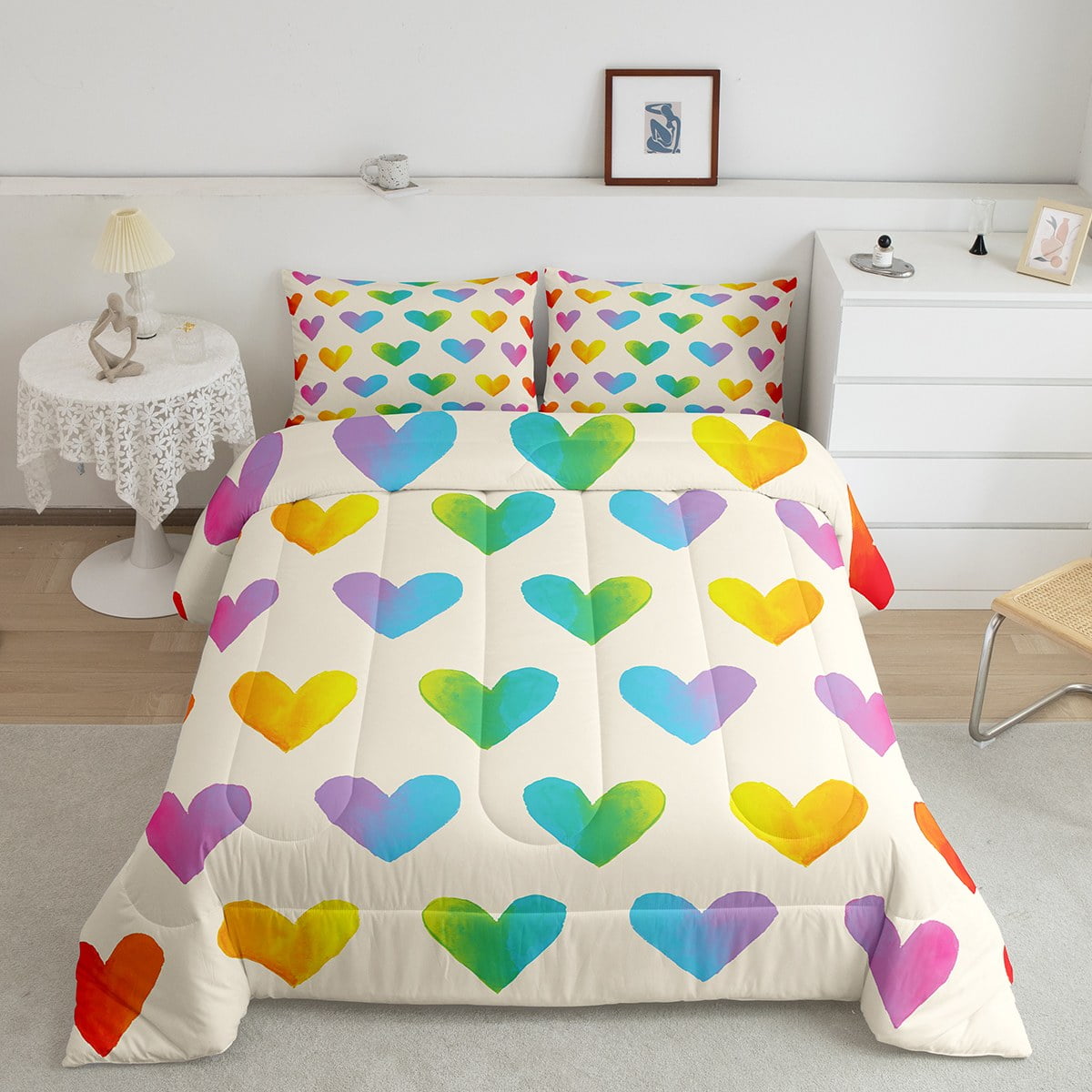 Ombre Hearts Bedding Set King for Kids Girls Rainbow Love Heart ...