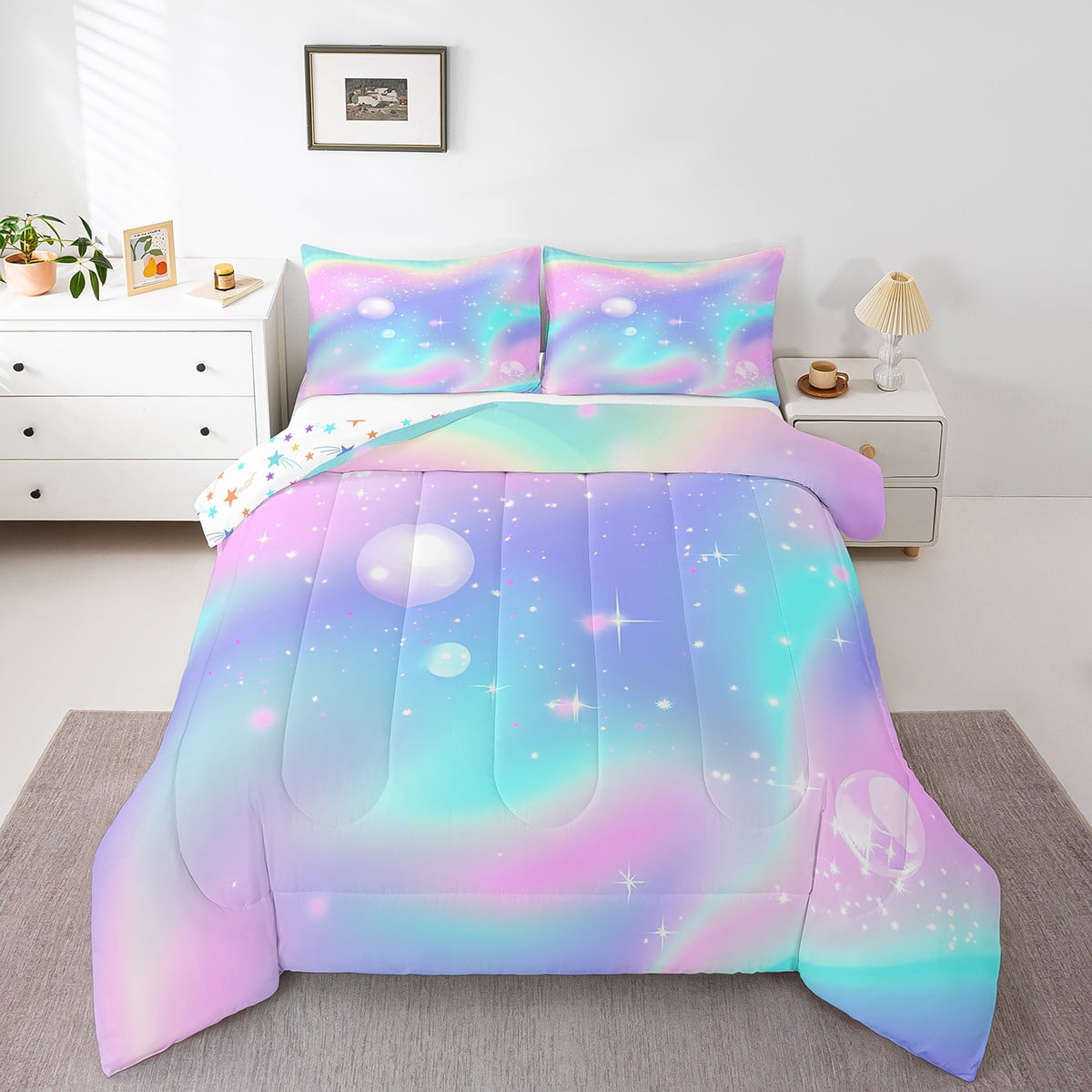 Ombre Laser Full Size Comforter Set,Shiny Stars Pearl Lightweight Bed ...