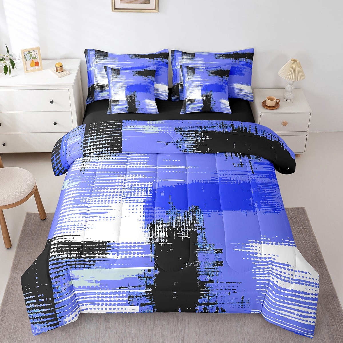 Ombre Navy Blue Bed in a Bag 7-Piece Gradient Oil Painting Bedding Set ...