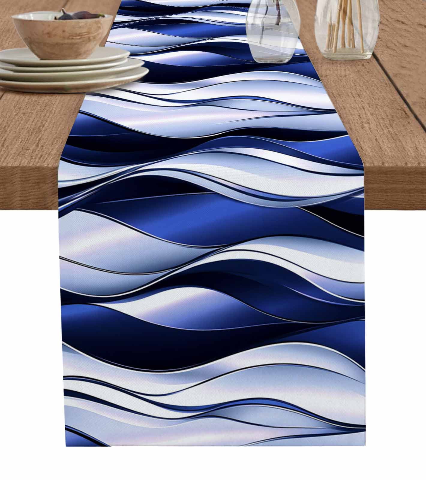 Ombre Navy Blue Lines Table Runners 108 Inches Long, Cotton Linen ...