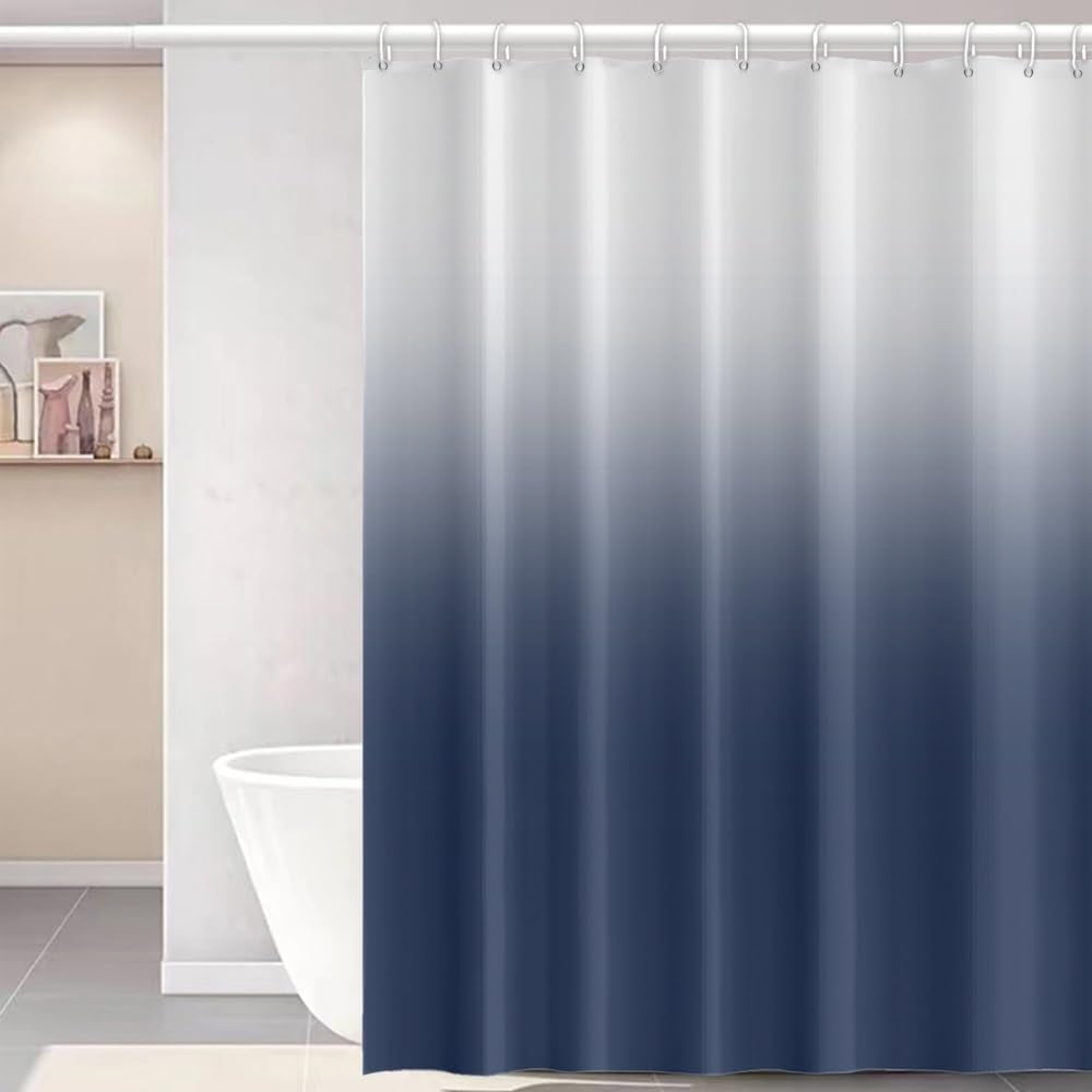 Ombre Navy Blue Shower Curtain Set with Hooks Modern Gradient White Blue Shower Curtains for ...