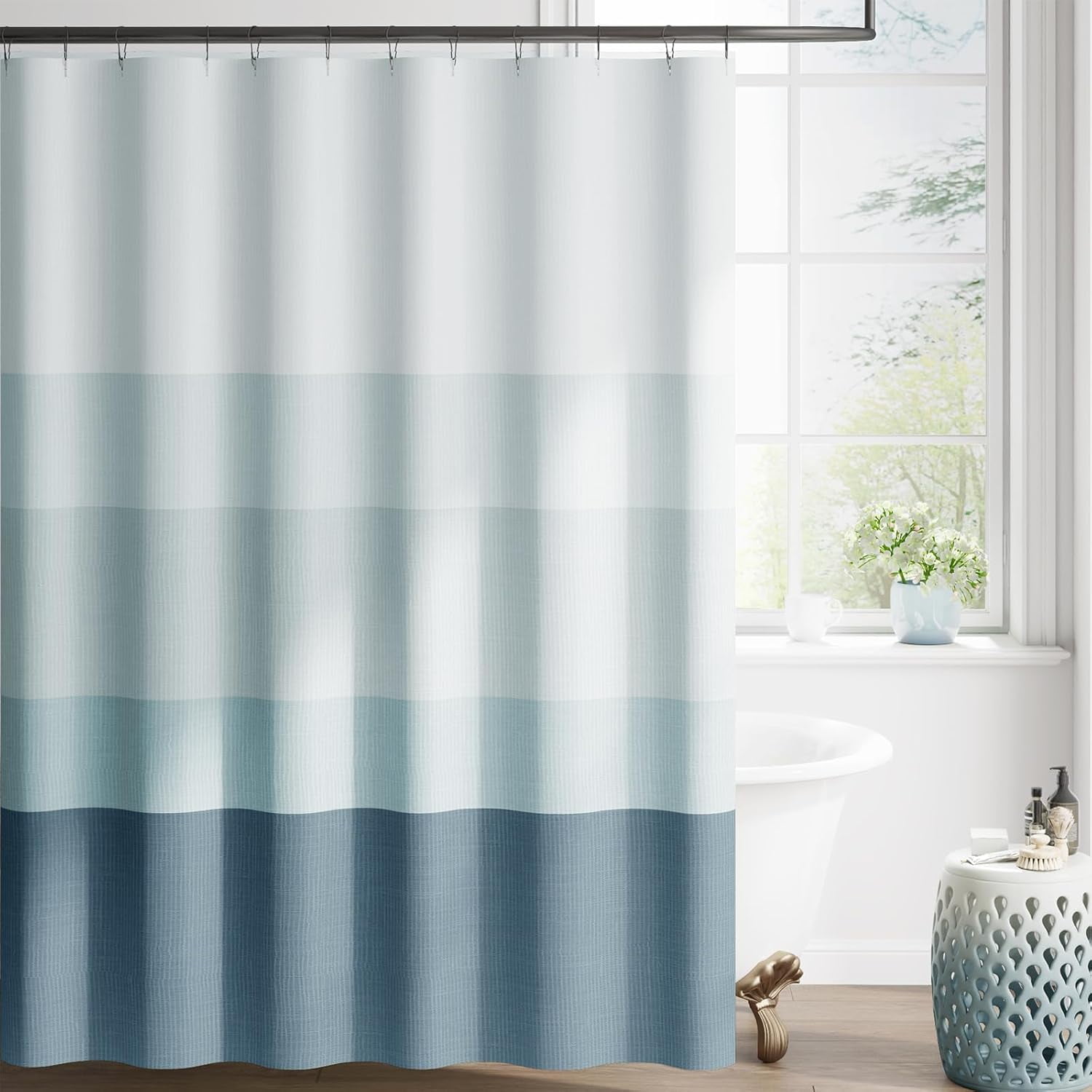 Ombre Ocean Blue Striped Shower Curtain Waterproof Fabric Shower ...
