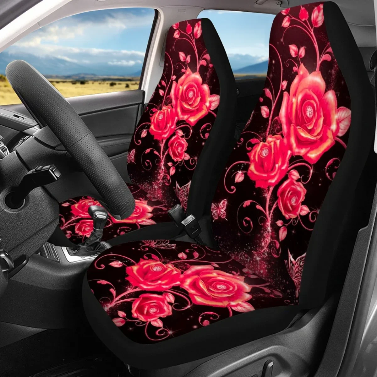 Ombre Pink Rose Butterfly Pattern Front Back Seat Cover Set Auto ...
