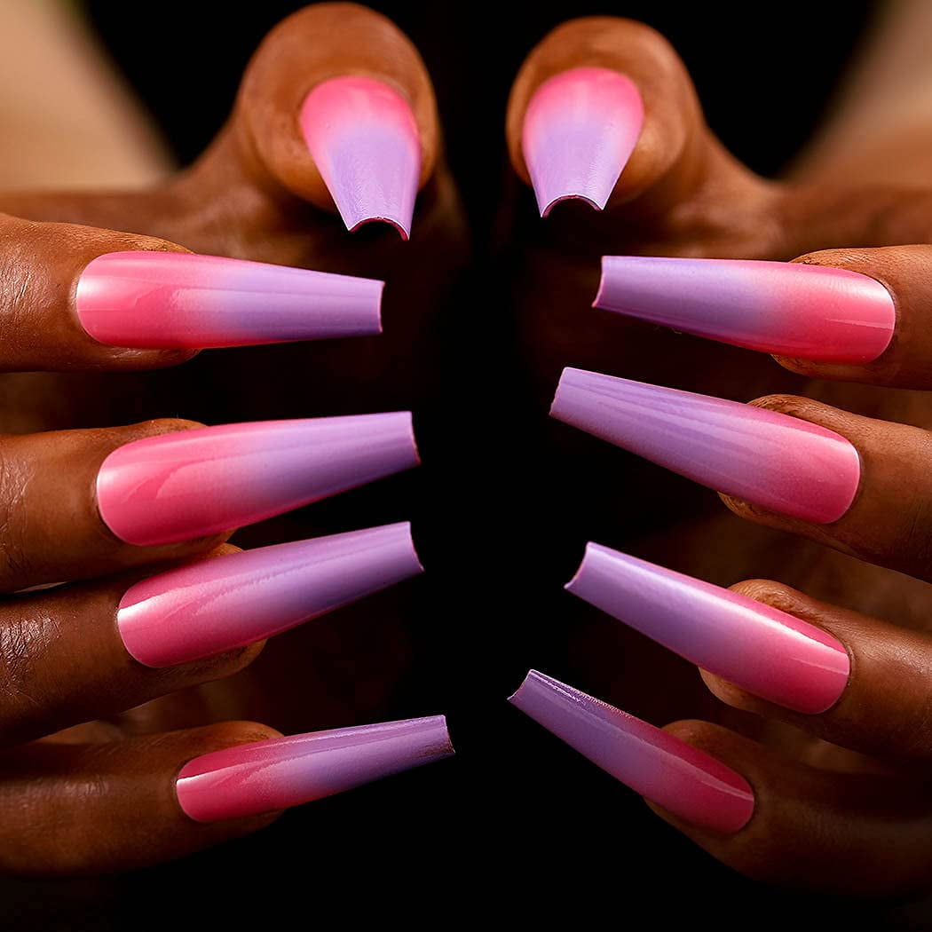 Ombre Press on Nails Extra Long Length Coffin Glossy Design Fake Nails ...