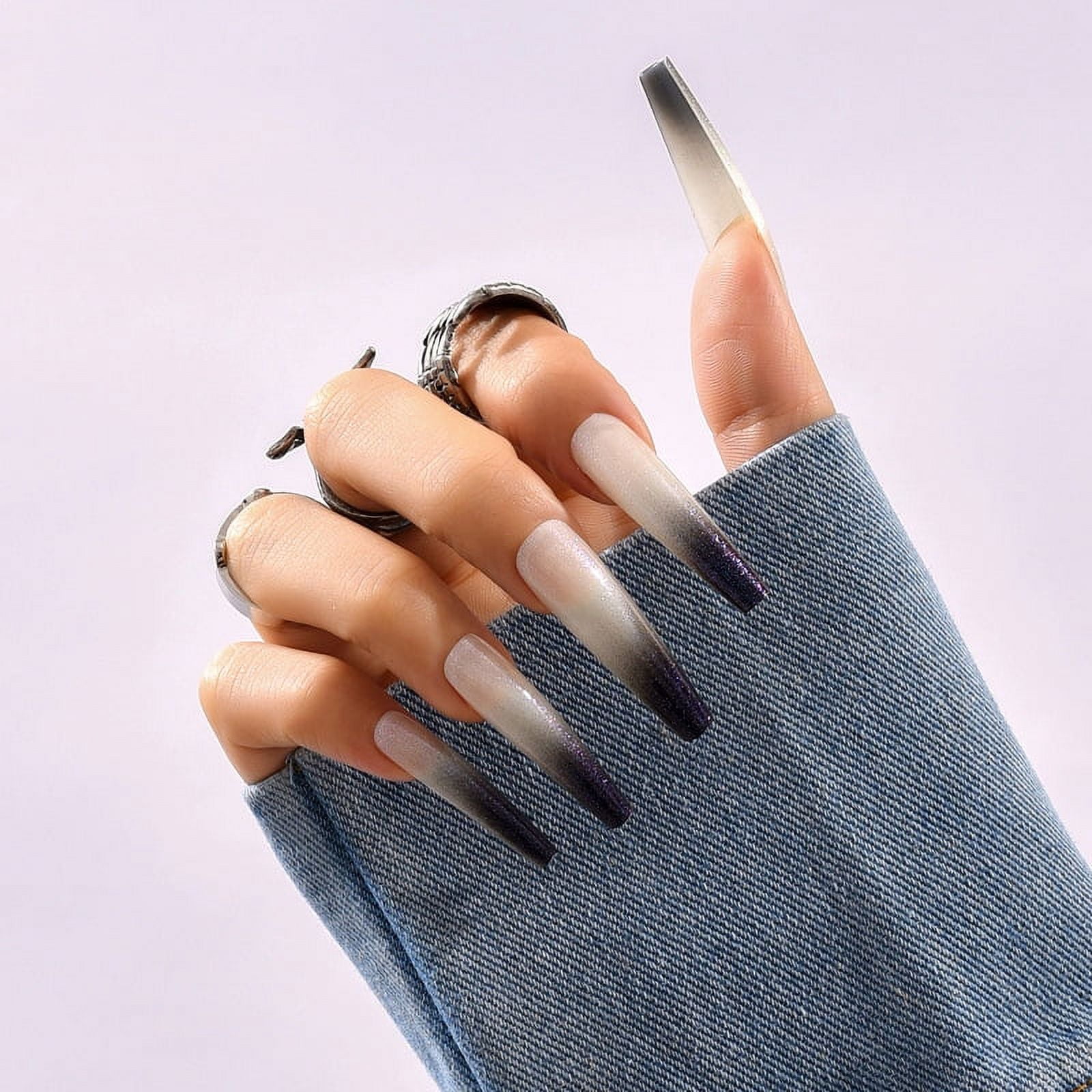 Ombre Press on Nails Extra Long Length Coffin Matte Gray Fake Nails ...