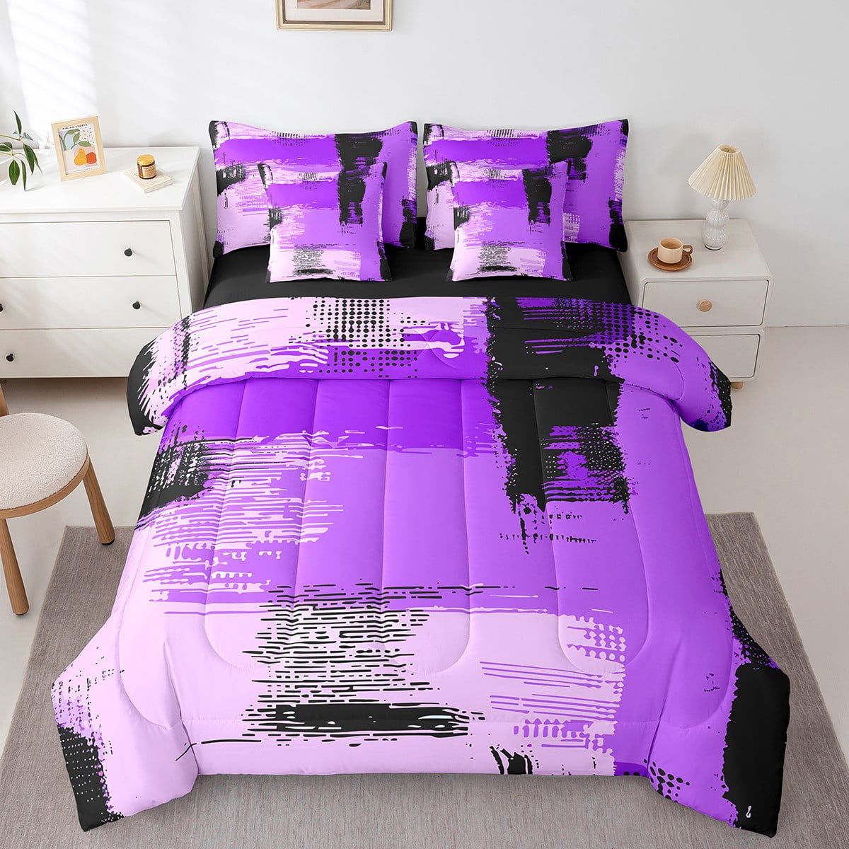 Ombre Purple Bedding Comforter Sets 7pcs Gradient Oil Painting Bed in a ...
