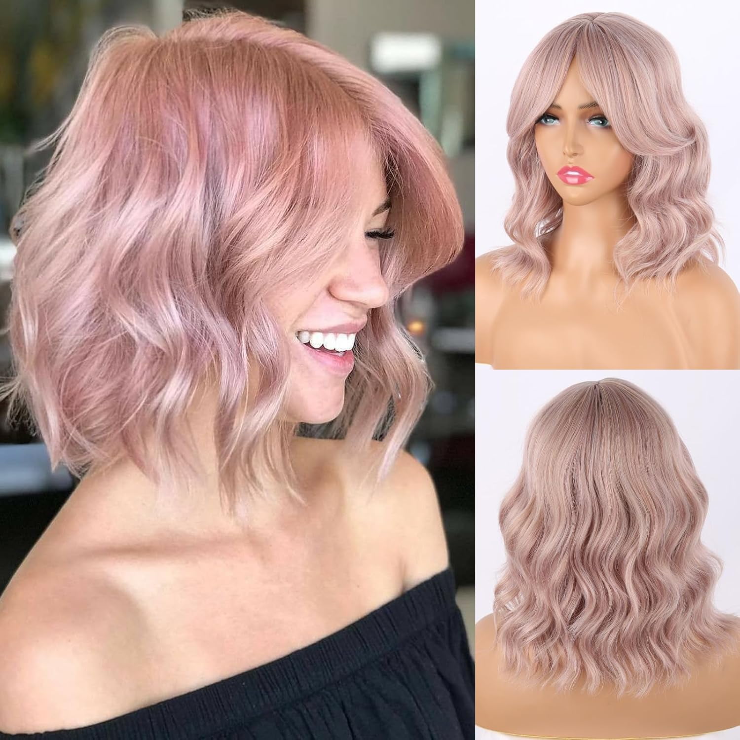 Ombre Purple Pink Wavy Bob Wig With Curtain Bangs for Women Short Light ...