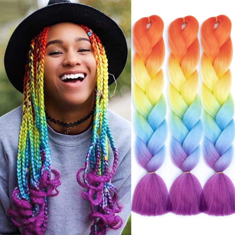 Ombre Rainbow Braiding Hair Extensions 24 Inch 3 Packs Synthetic High Temperature Jumbo Braiding ...