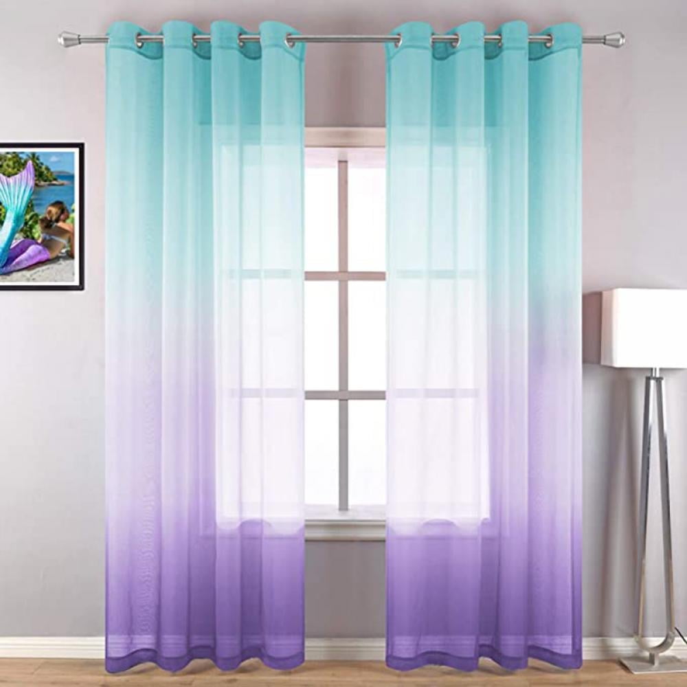 Ombre Sheer Curtains,Faux Linen Grommet Two-Color Linear Gradient Window Curtain Panels for Kids ...