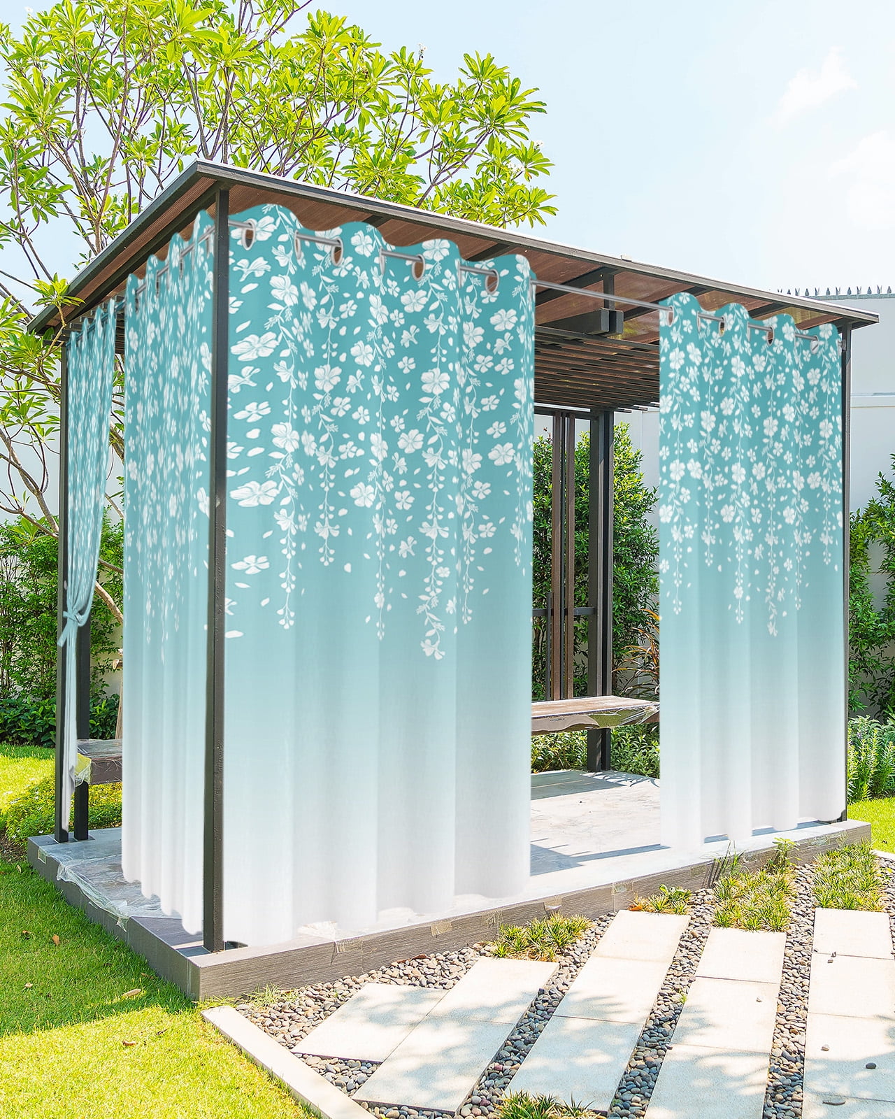 Ombre Teal Outdoor Curtains for Patio Waterproof,Summer Fall White ...