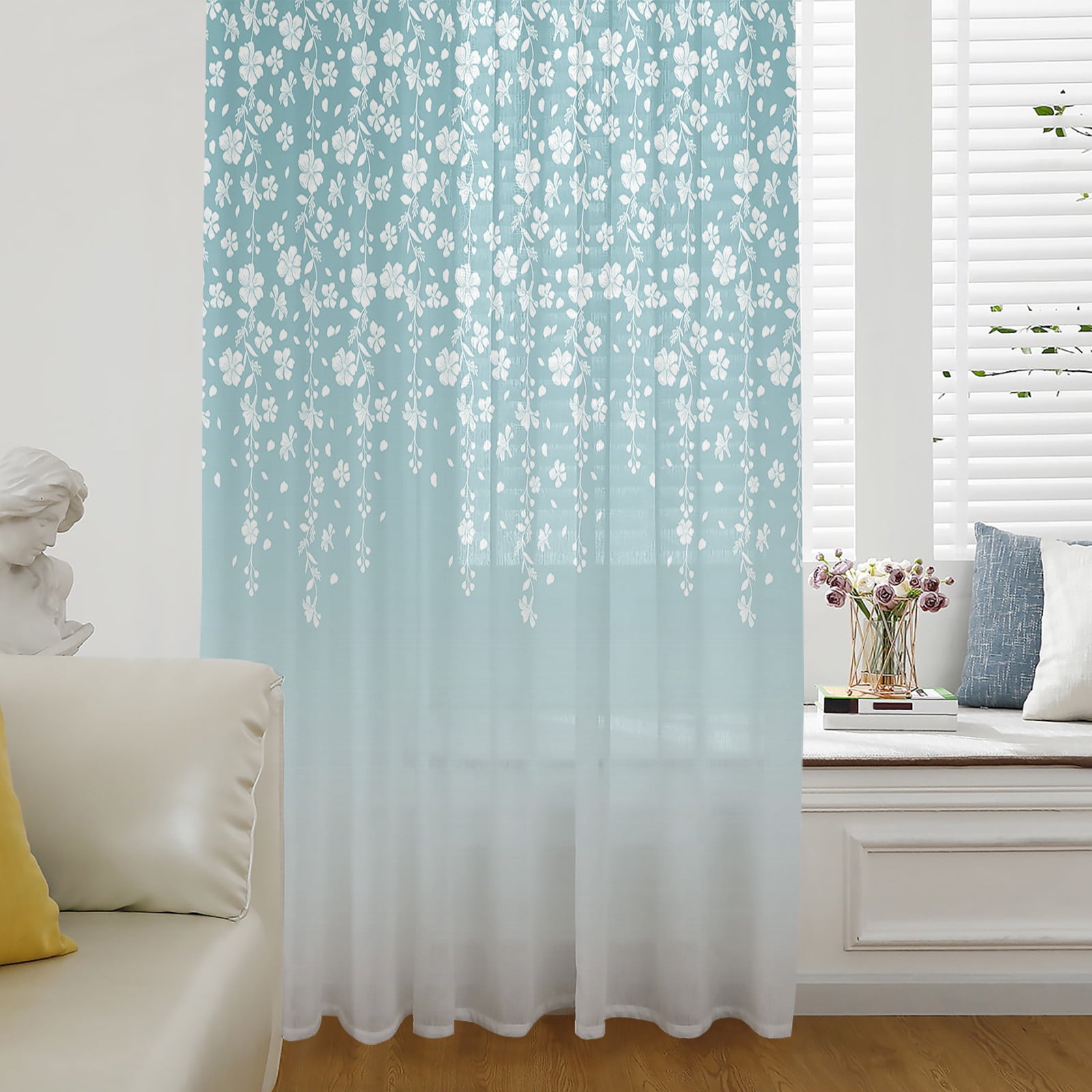 Ombre Teal Window Curtain 45 Inches Long,Summer Fall White Leaves ...