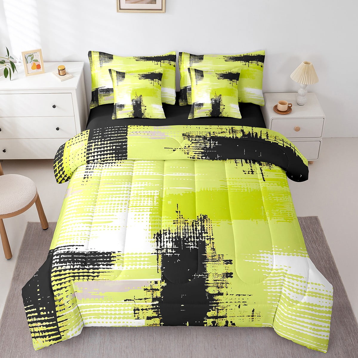 Ombre Yellow Twin Comforter Set 7 Pieces Gradient Oil Painting Bedding ...