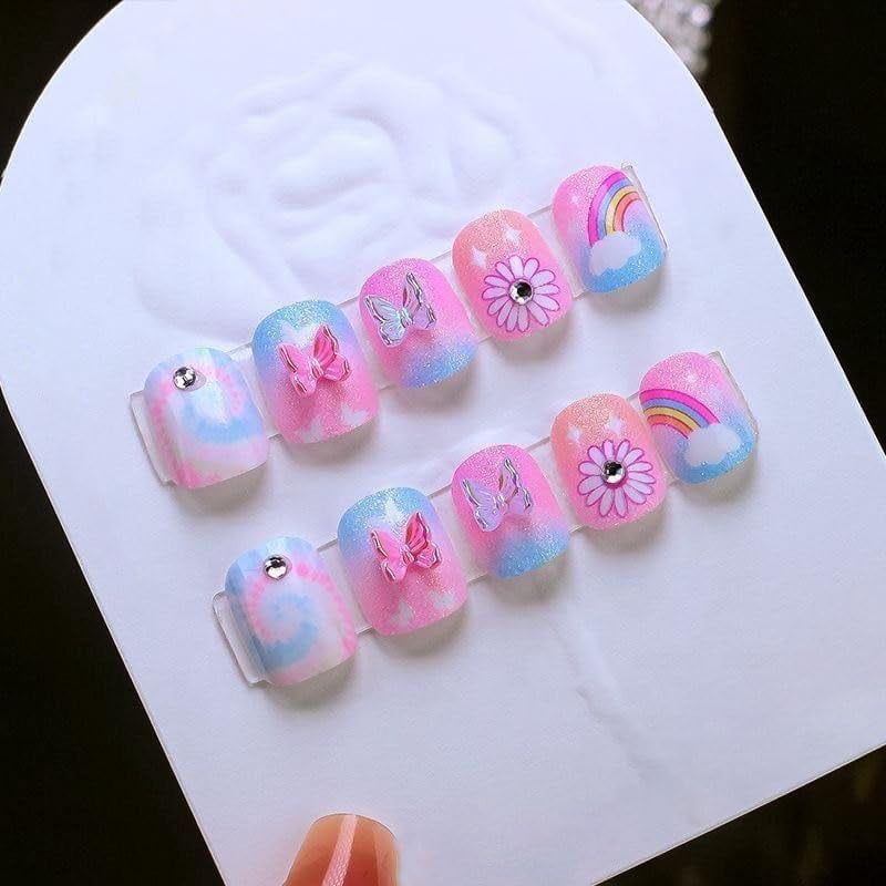 Omdhanu Trendy Girls Press On Nails Multi Color with Rhinestones Bows ...