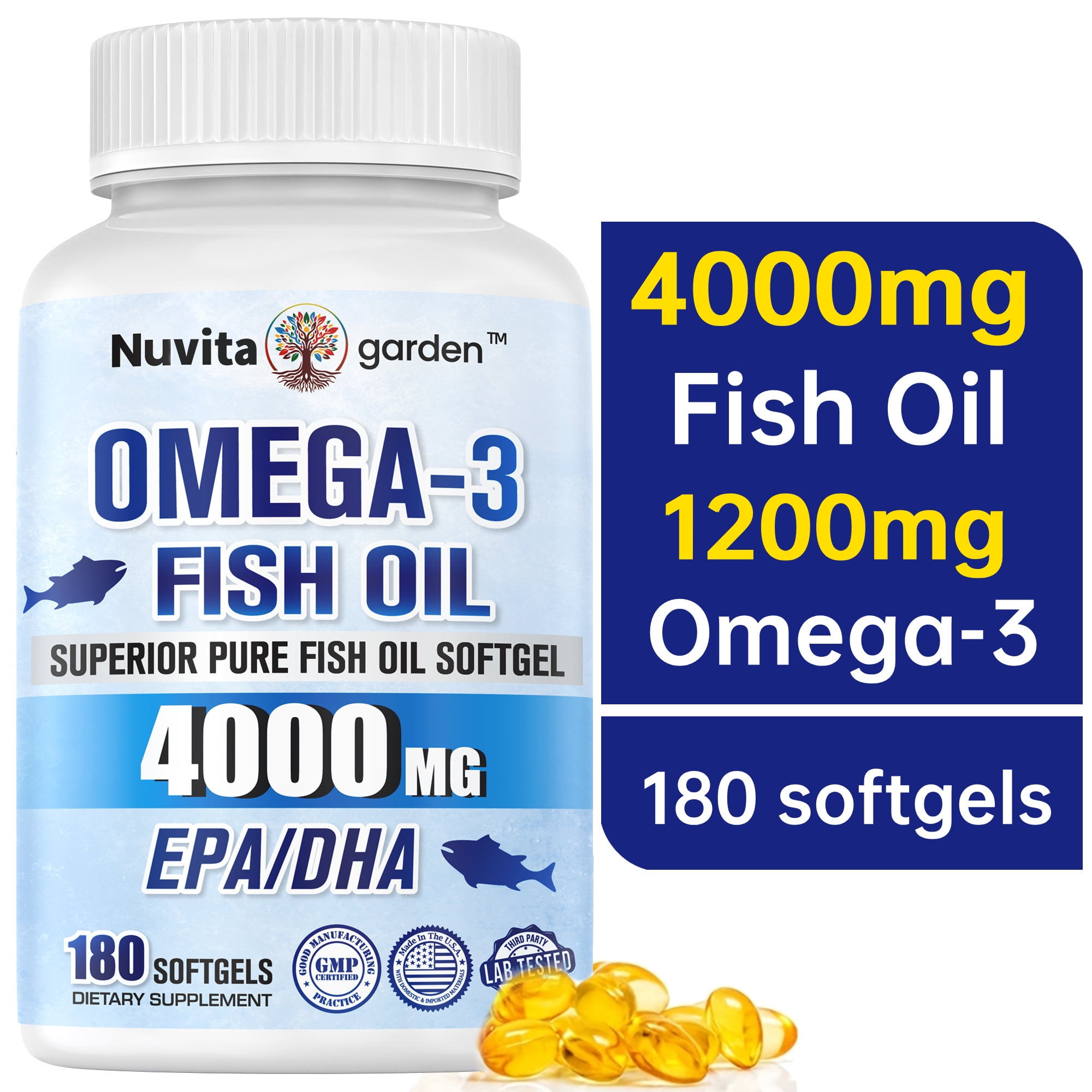Omega 3 Fish Oil - 180 Softgels - 4000mg High Potency Burpless Unflavor ...