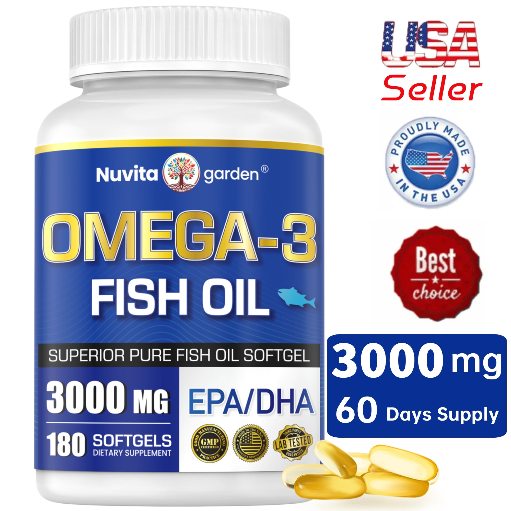 Omega 3 Fish Oil 3000 mg, Sustainably Sourced EPA & DHA Omega-3 Fatty Acid,180 Softgels ...