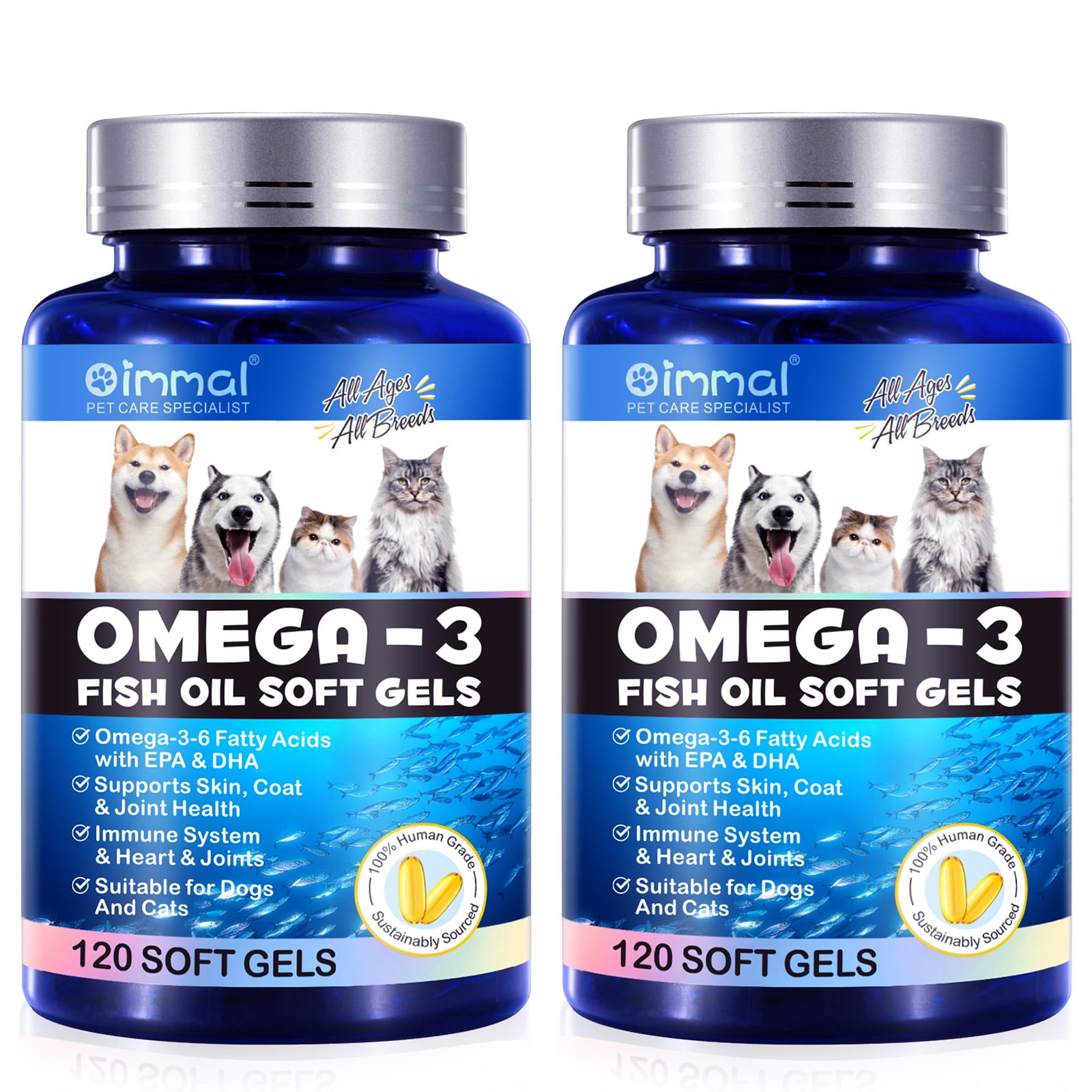 Omega 3 Salmon Oil Pills for Pets, 120*2 Fish Oil Softgels for Dogs & Cats, EPA + DHA Fatty ...