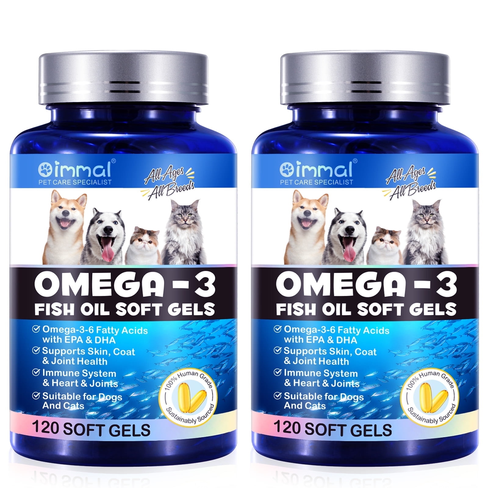 Omega 3 Salmon Oil Pills for Pets, 120*2 Fish Oil Softgels for Dogs & Cats, EPA + DHA Fatty ...