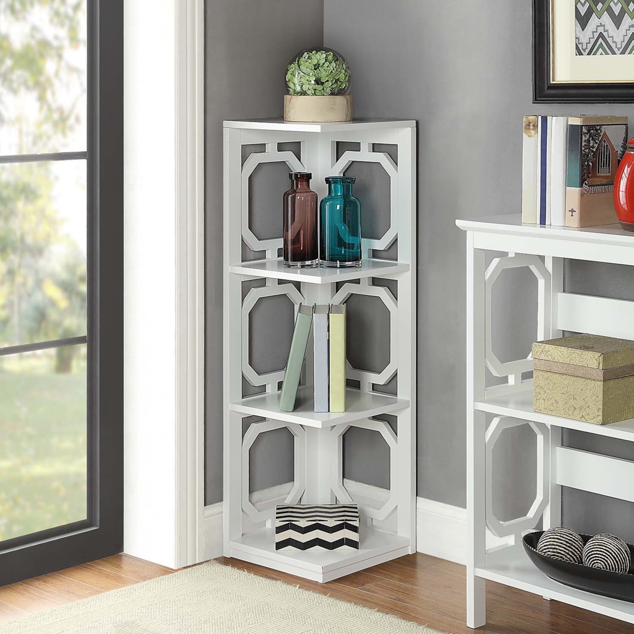 Convenience Concepts Omega Three-Shelf Corner Bookcase in White Wood ...