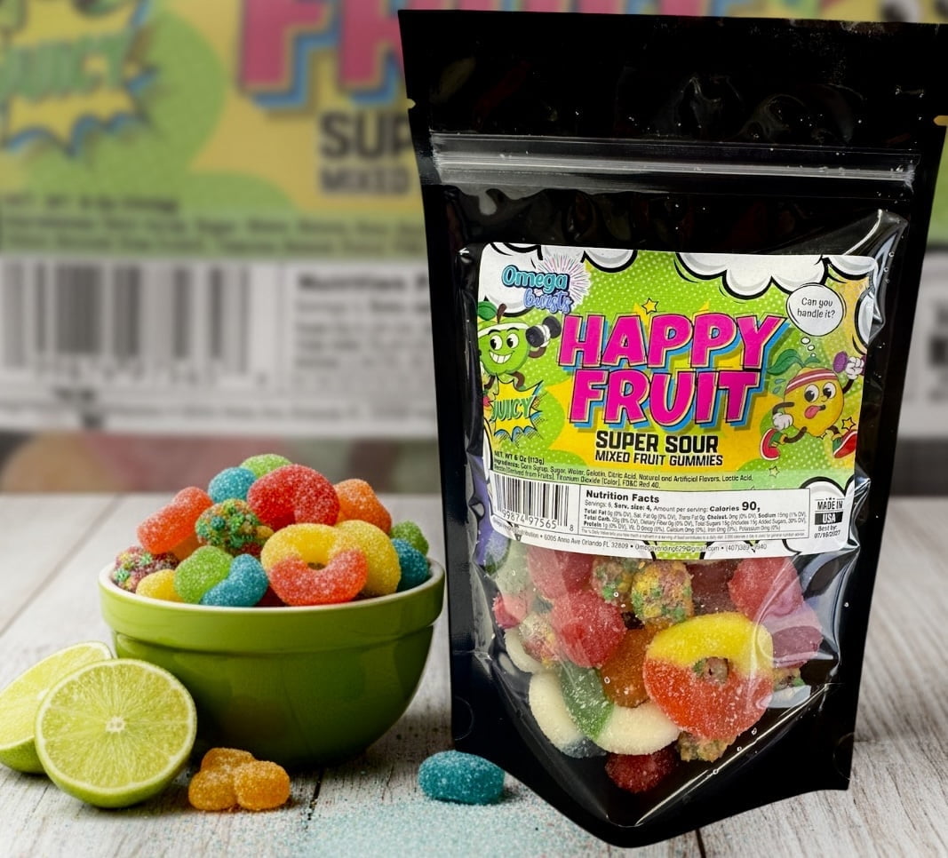 Omega Bursts Happy Fruit – Super Sour Mixed Fruit Gummies, 5 oz ...
