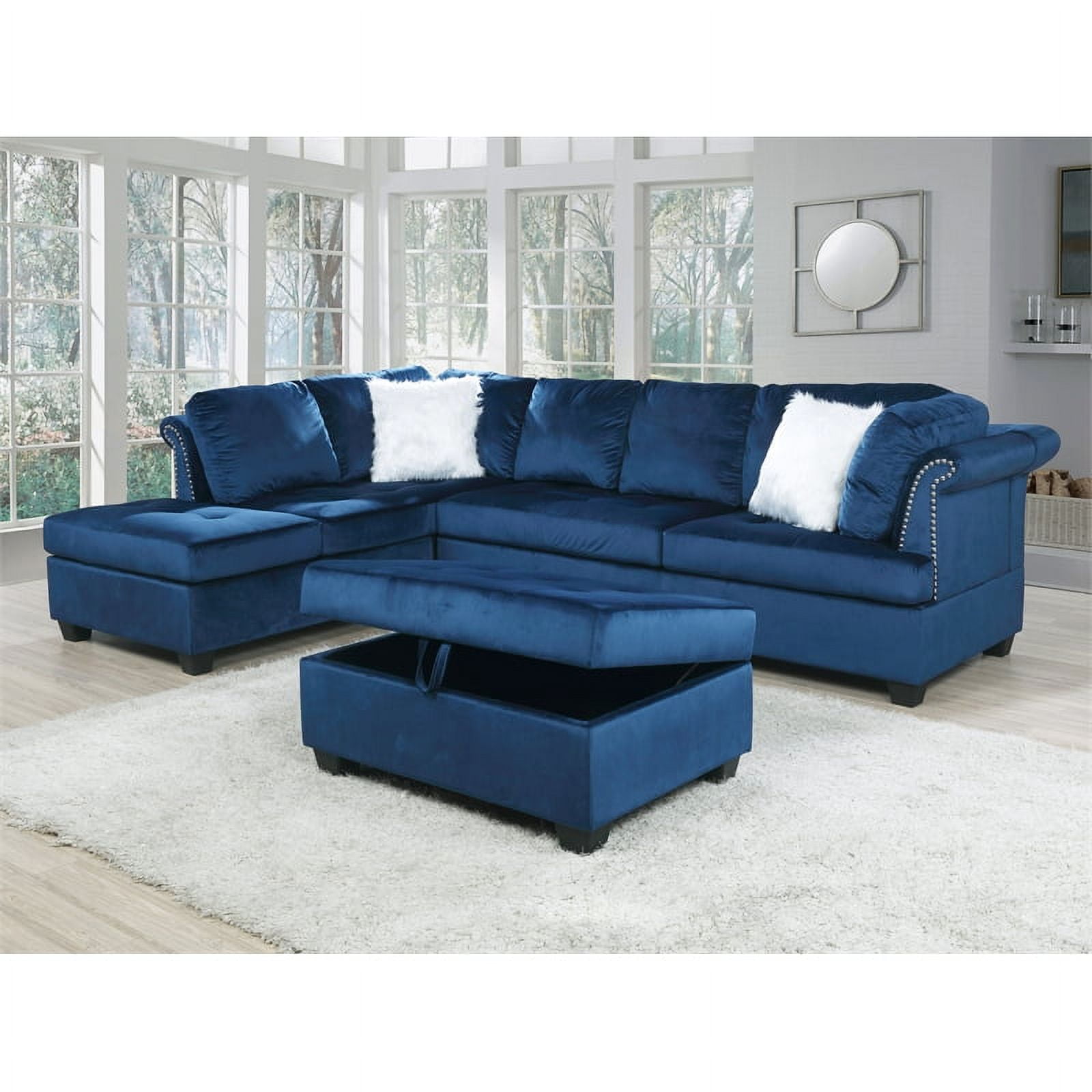 Omega L-Shaped Sectional with Ottoman in Blue Finished with Velvet ...