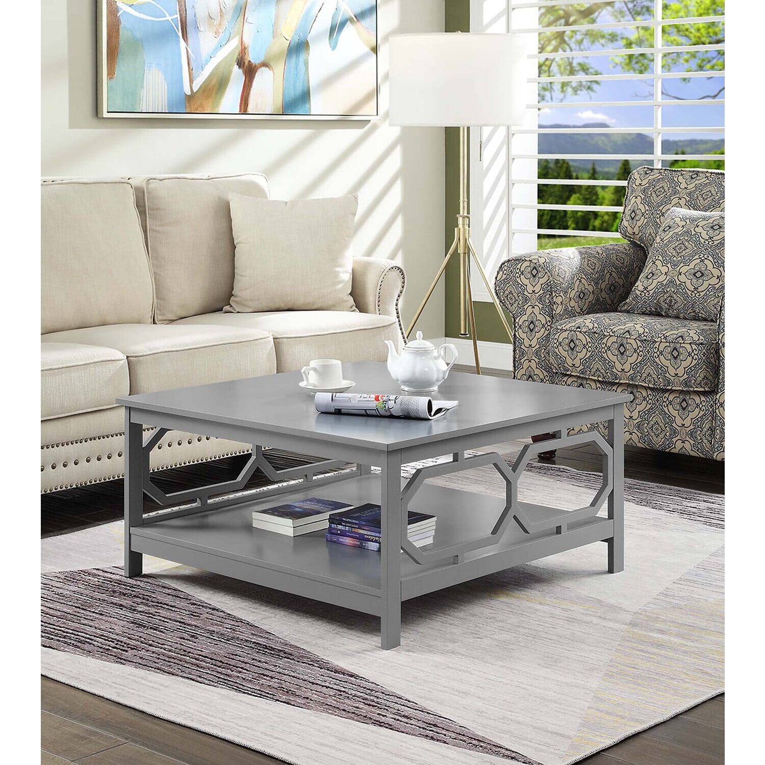 Omega Square 36" Coffee Table with Large Surface and Bottom Shelf, Gray ...