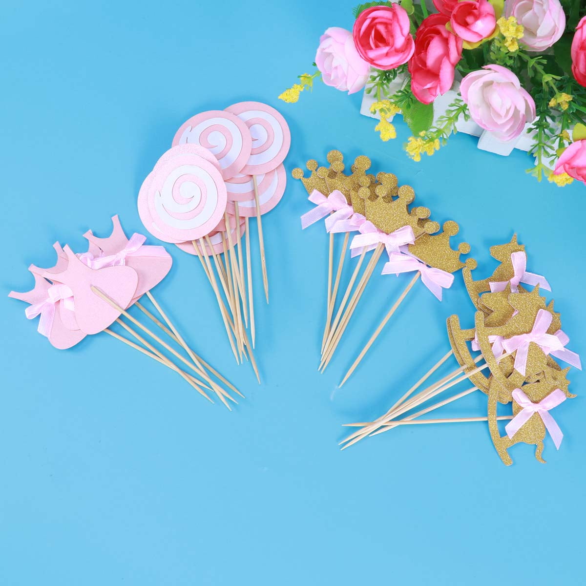 Omeite Pink princess theme cake inserts (crown*6+lollipop*10+trojan*6 ...