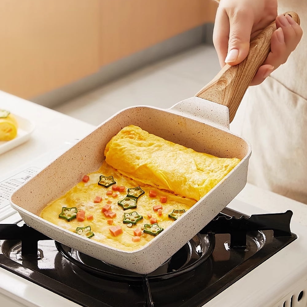 Omelette Pan, Non-Stick Egg Skillet, Rectangle Frying Pan with Wooden ...