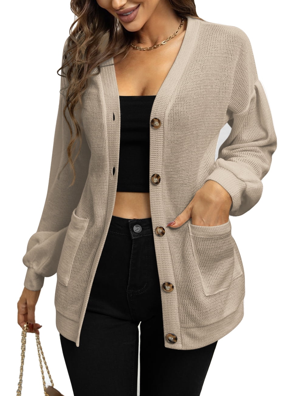 OmicGot Women's Cardigan Button-Down Long Sleeve Pocket Waffle Knit ...