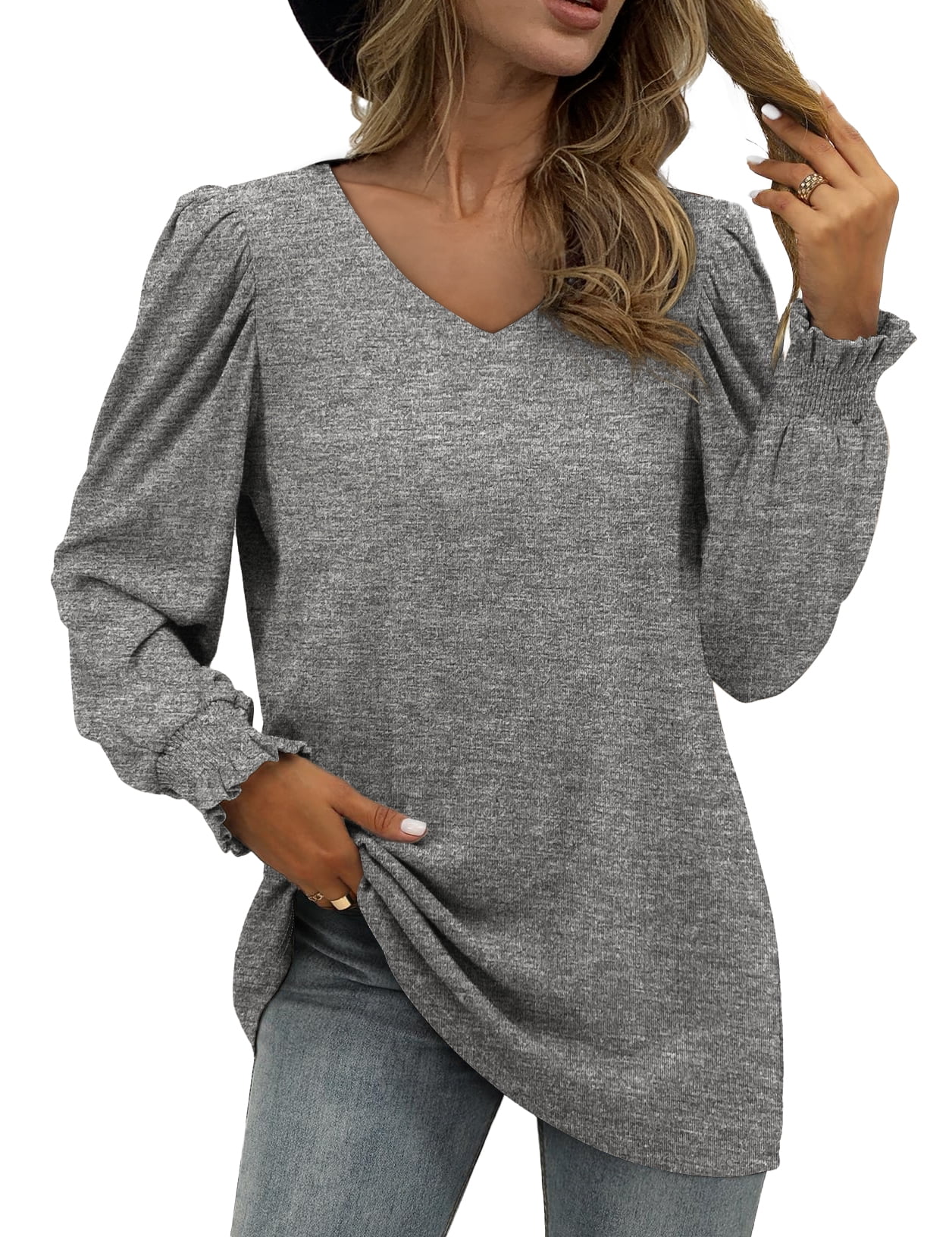 OmicGot Women's Plus Size Tunic, V-Neck Long Sleeve Top, Ruffle Cuffs ...