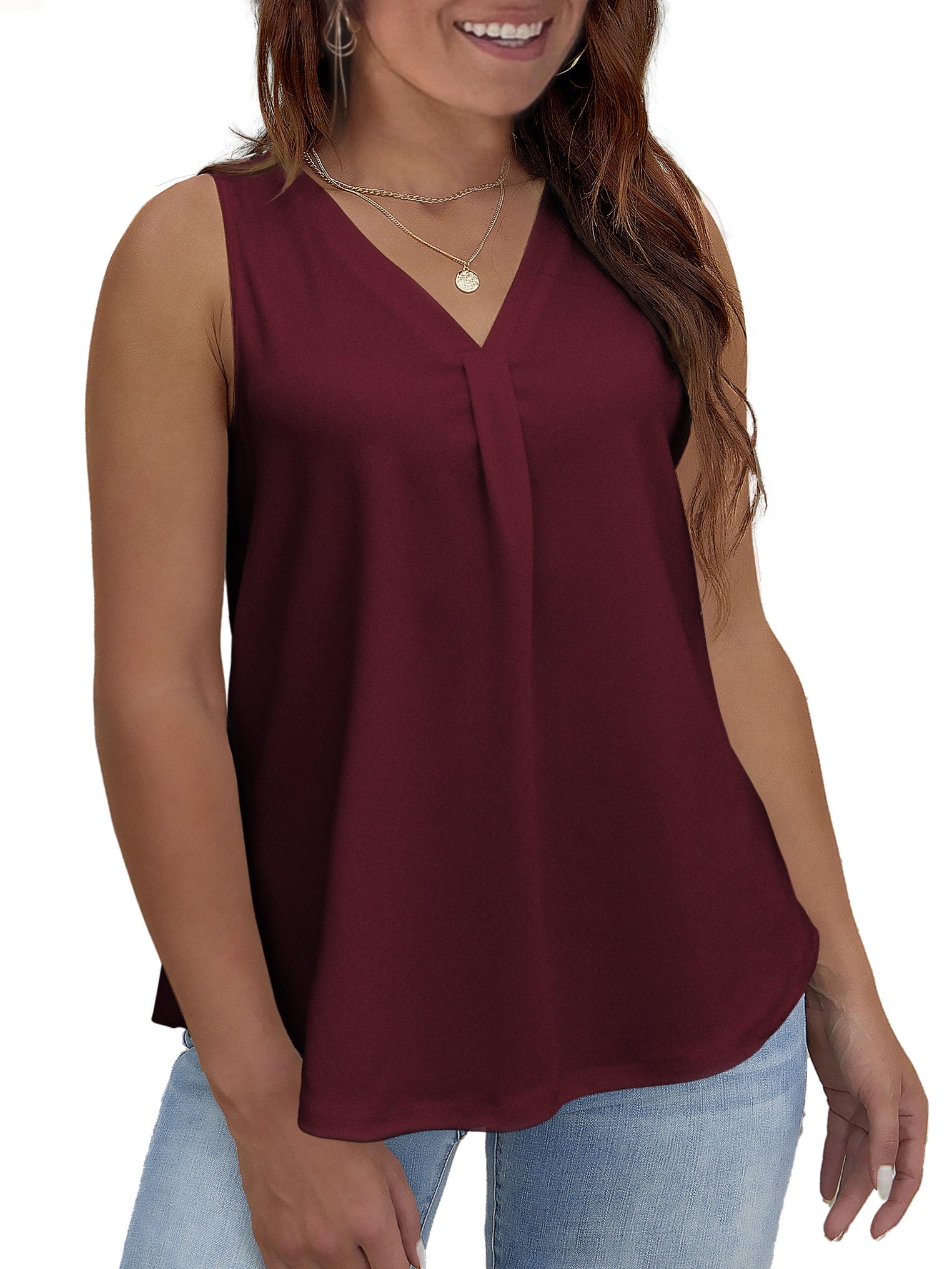 Omicgot Womens Plus Size Sleeveless Tops V Neck Blouses Tunics Wine Red 2x