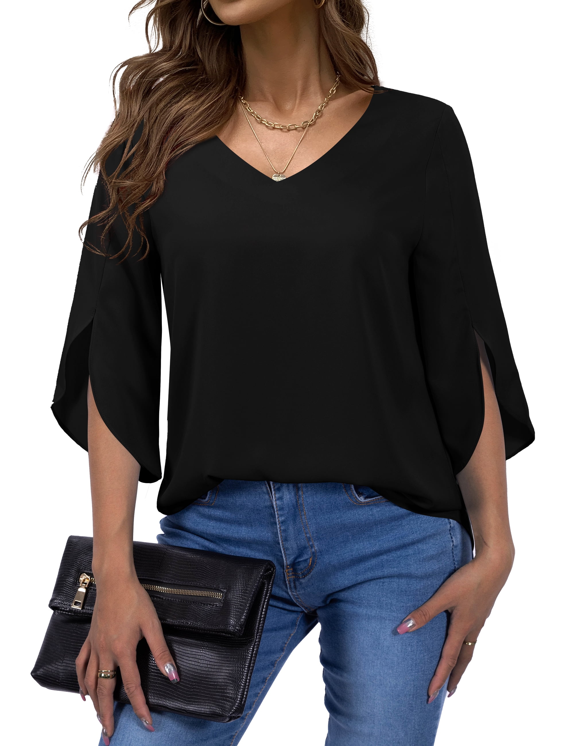 OmicGot Womens Summer Tops 3/4 Split Sleeve Casual Shirt V-Neck Blouses ...