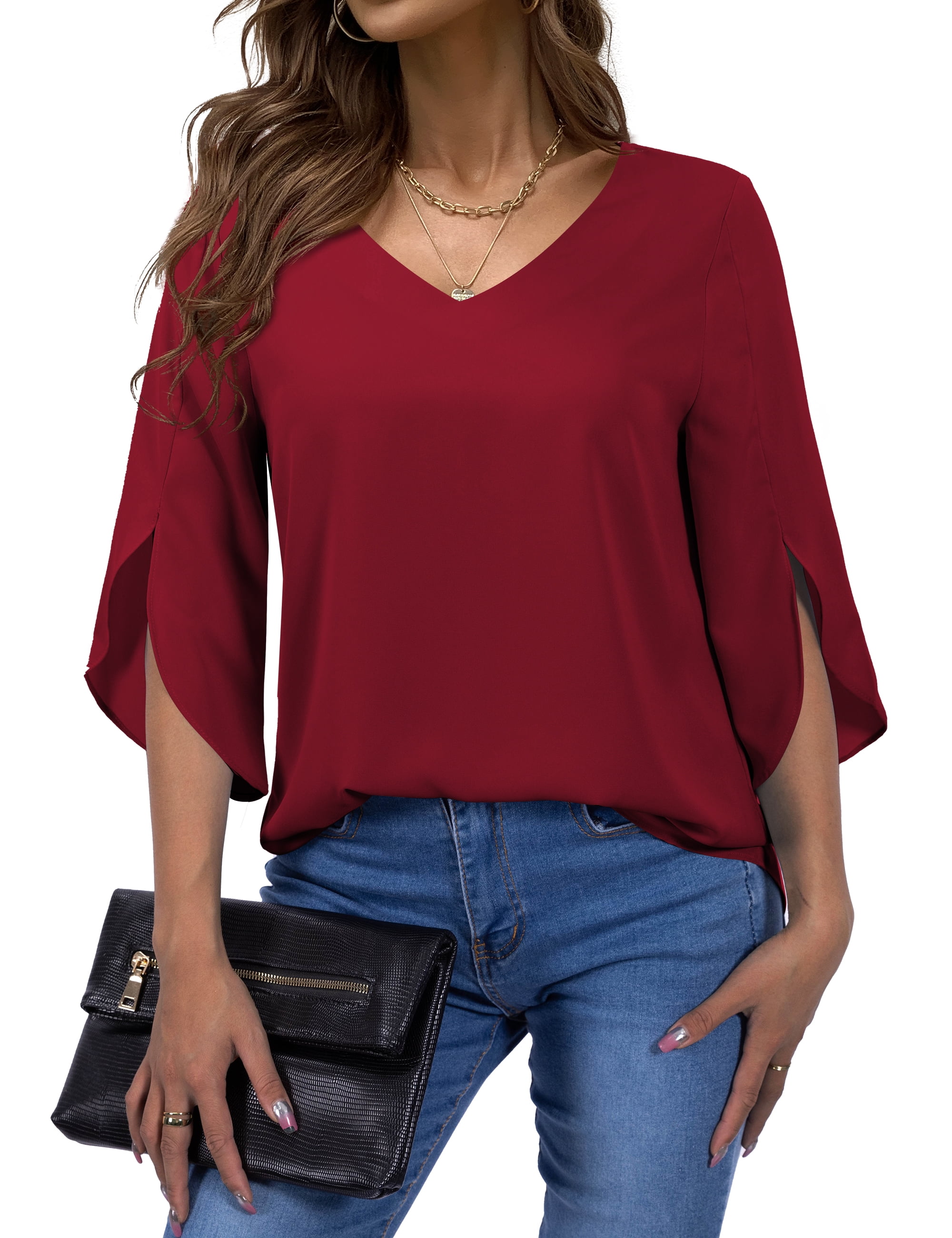 OmicGot Womens Summer Tops, 3/4 Split Sleeve V-Neck Blouses, Red XL ...