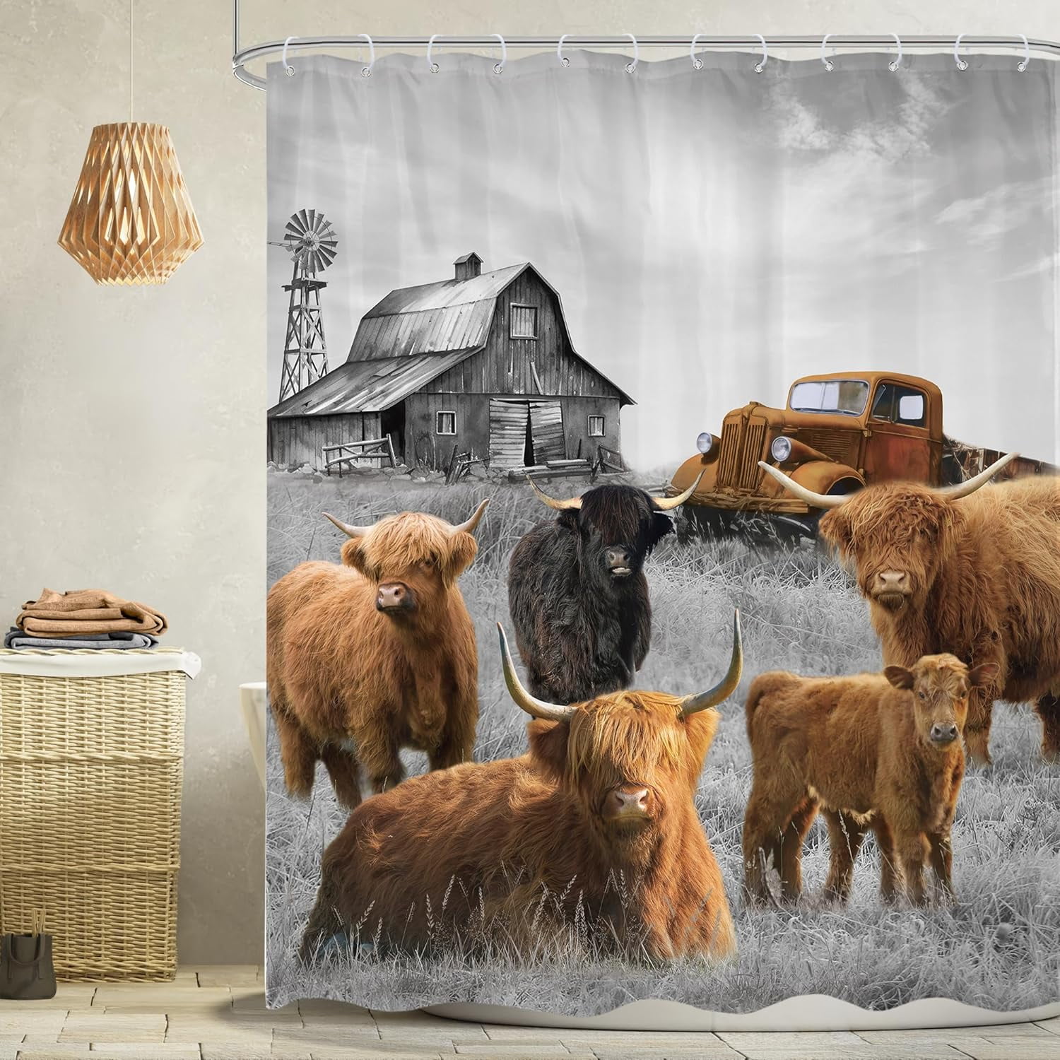 Omifly Farmhouse Highland Cow Shower Curtain 60Wx72H Inch Rustic Bull ...