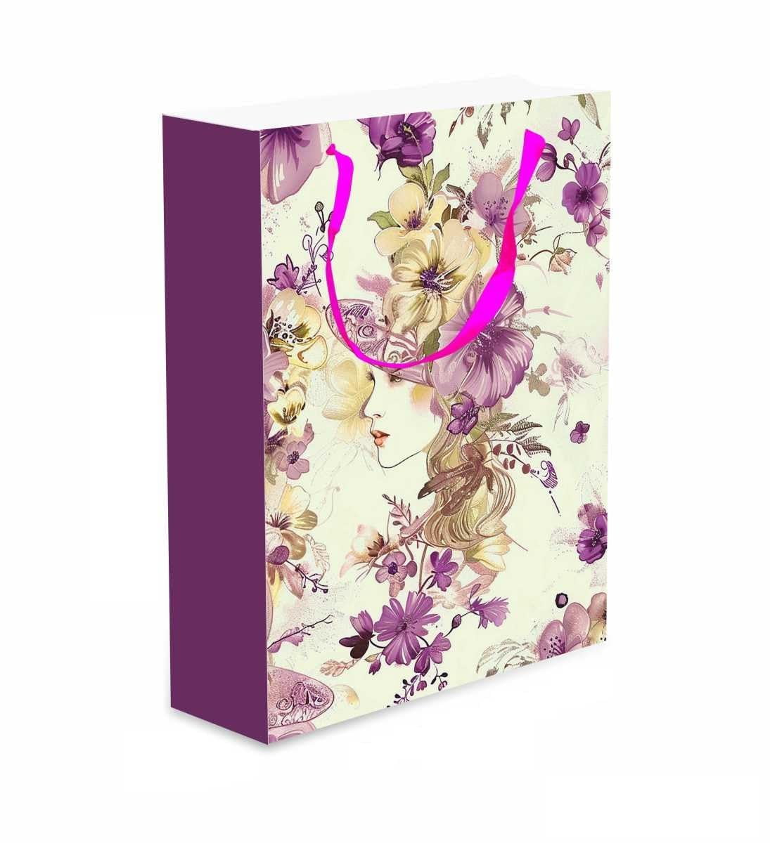 Omnipresent Pack 200 GSM Purple Floral Printed Paper Gift Bags Set of ...