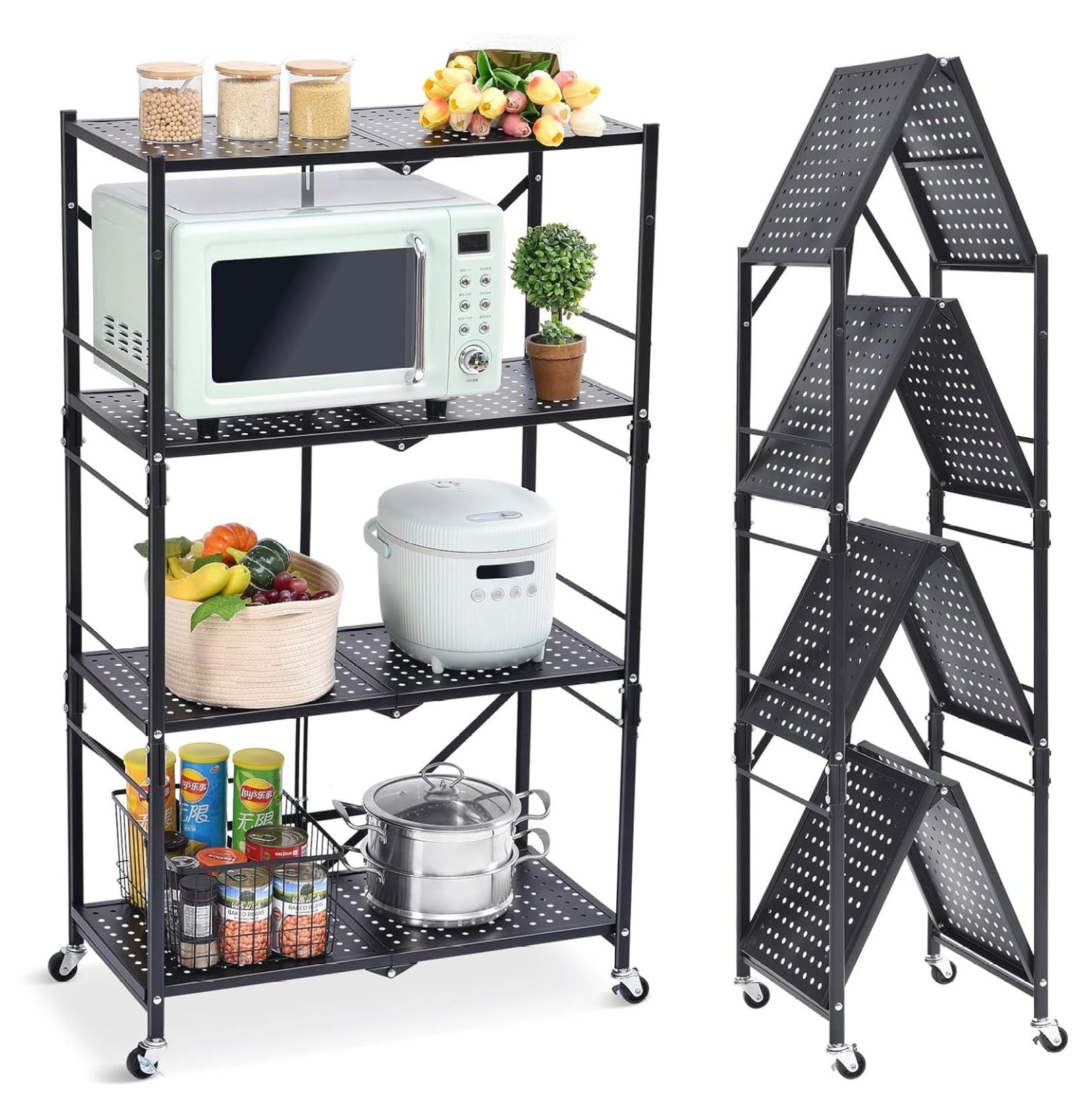 Omsix Foldable 4-Tier Storage Shelving Unit with Lockable Wheels, Space ...